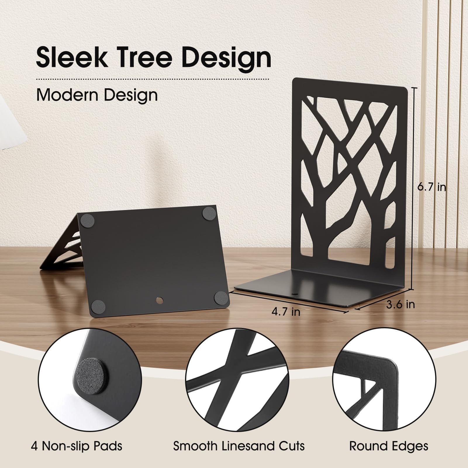 MaxGear Book Ends Tree Design Modern Bookends for Shelves, Non-Skid Bookend, Heavy Duty Metal Book Stopper for Books/CDs, Decorative Book Shelf for Home, 7 x 4.7 x 3.5”, Black (2 Pair/4 Pieces, Large)