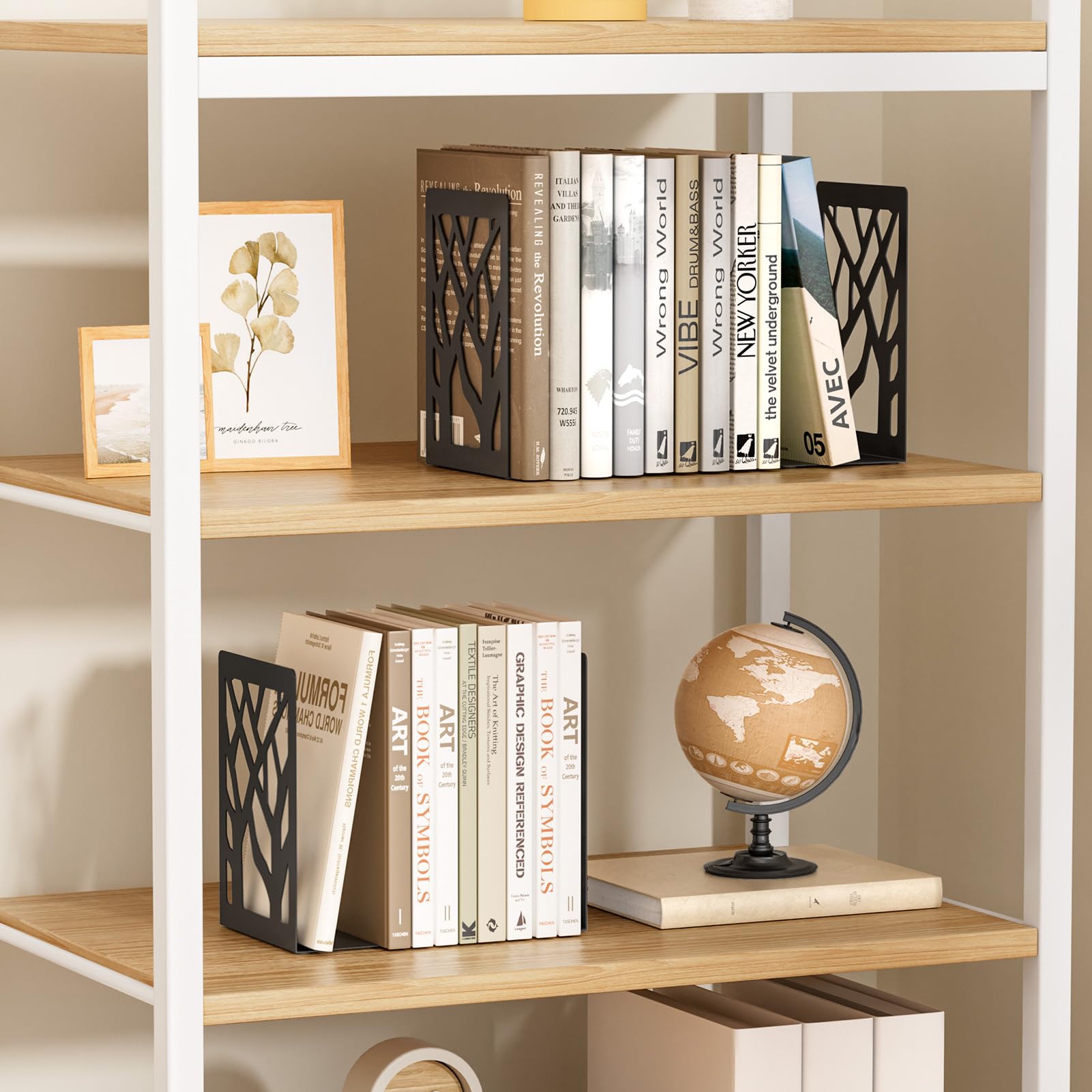 MaxGear Book Ends Tree Design Modern Bookends for Shelves, Non-Skid Bookend, Heavy Duty Metal Book Stopper for Books/CDs, Decorative Book Shelf for Home, 7 x 4.7 x 3.5”, Black (2 Pair/4 Pieces, Large)
