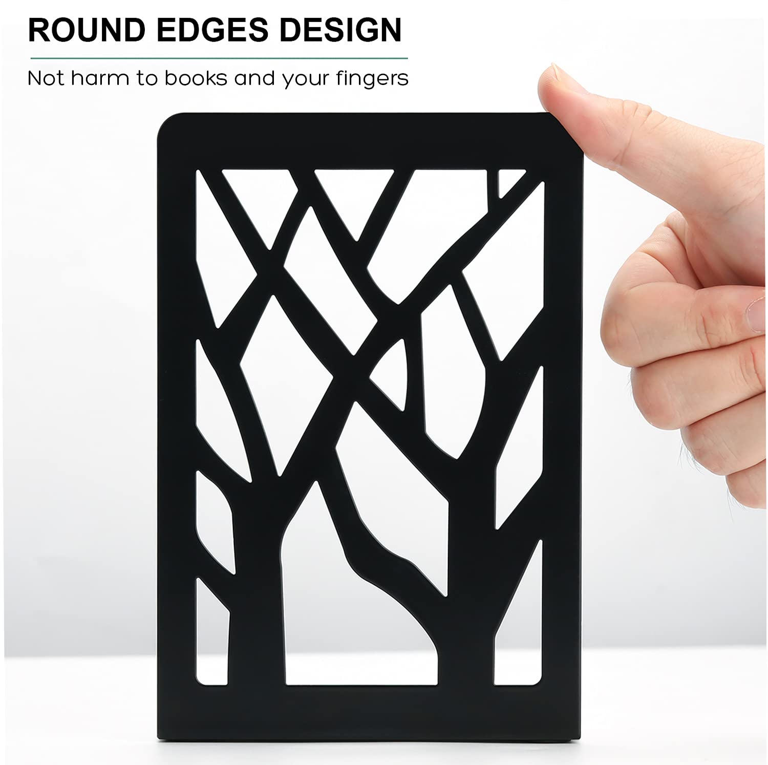 MaxGear Book Ends Tree Design Modern Bookends for Shelves, Non-Skid Bookend, Heavy Duty Metal Book Stopper for Books/CDs, Decorative Book Shelf for Home, 7 x 4.7 x 3.5”, Black (2 Pair/4 Pieces, Large)
