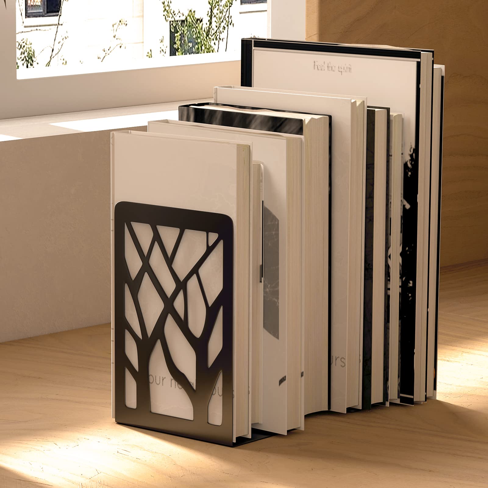 MaxGear Book Ends Tree Design Modern Bookends for Shelves, Non-Skid Bookend, Heavy Duty Metal Book Stopper for Books/CDs, Decorative Book Shelf for Home, 7 x 4.7 x 3.5”, Black (2 Pair/4 Pieces, Large)
