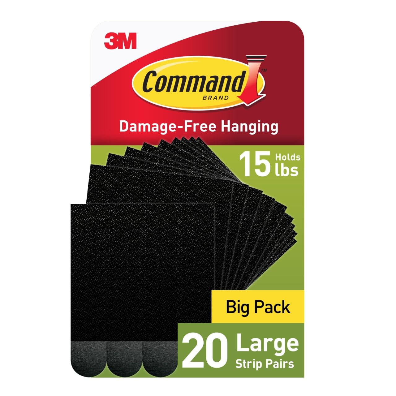 Command Large Picture Hanging Strips, Damage Free Hanging Picture Hangers, No Tools Wall Hanging Strips for Christmas Decorations, 20 Black Adhesive Strip Pairs (40 Command Strips)