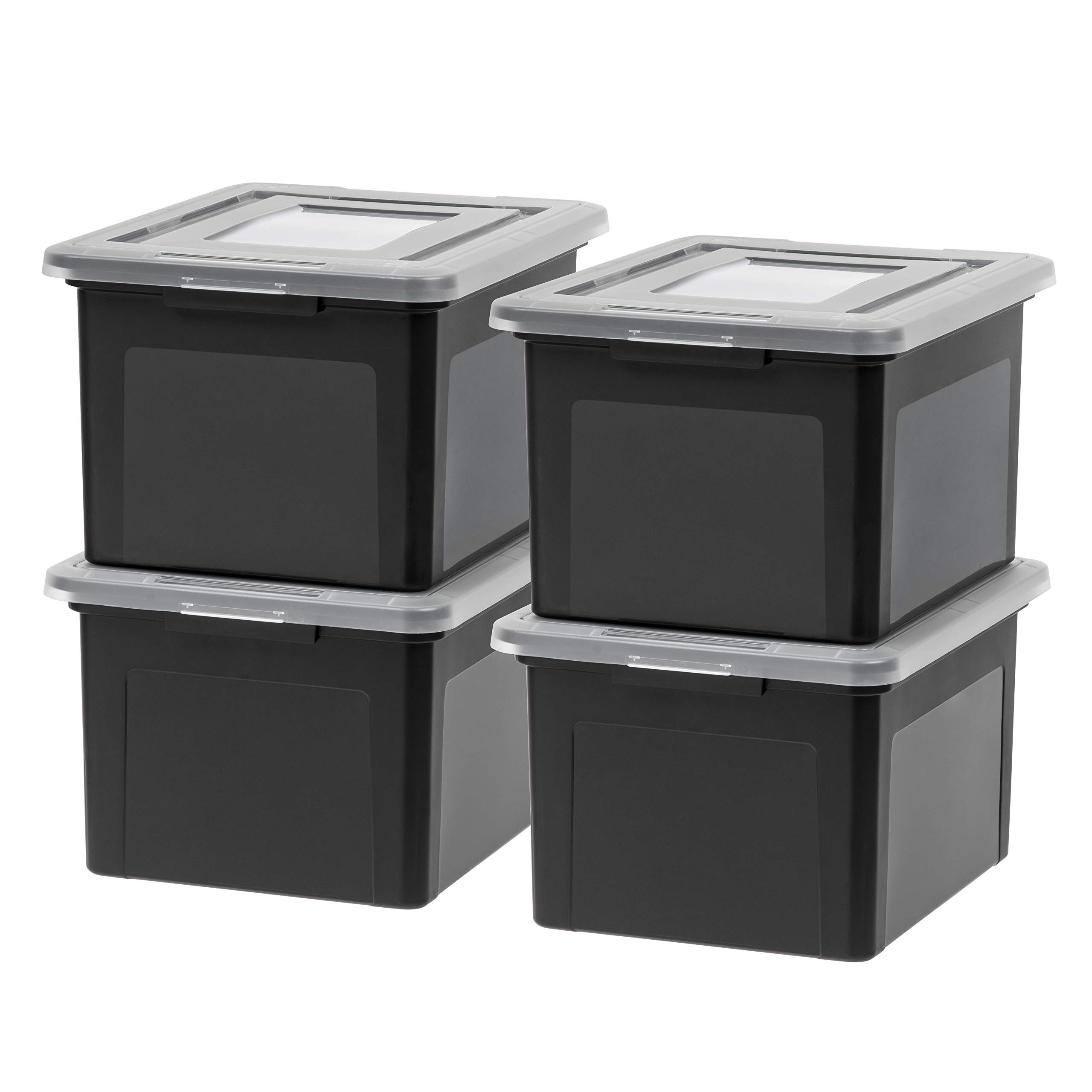 IRIS USA Letter & Legal Size Plastic Storage Bin Tote Organizing File Box with Durable and Secure Latching Lid, Stackable and Nestable, 4 Pack, Black