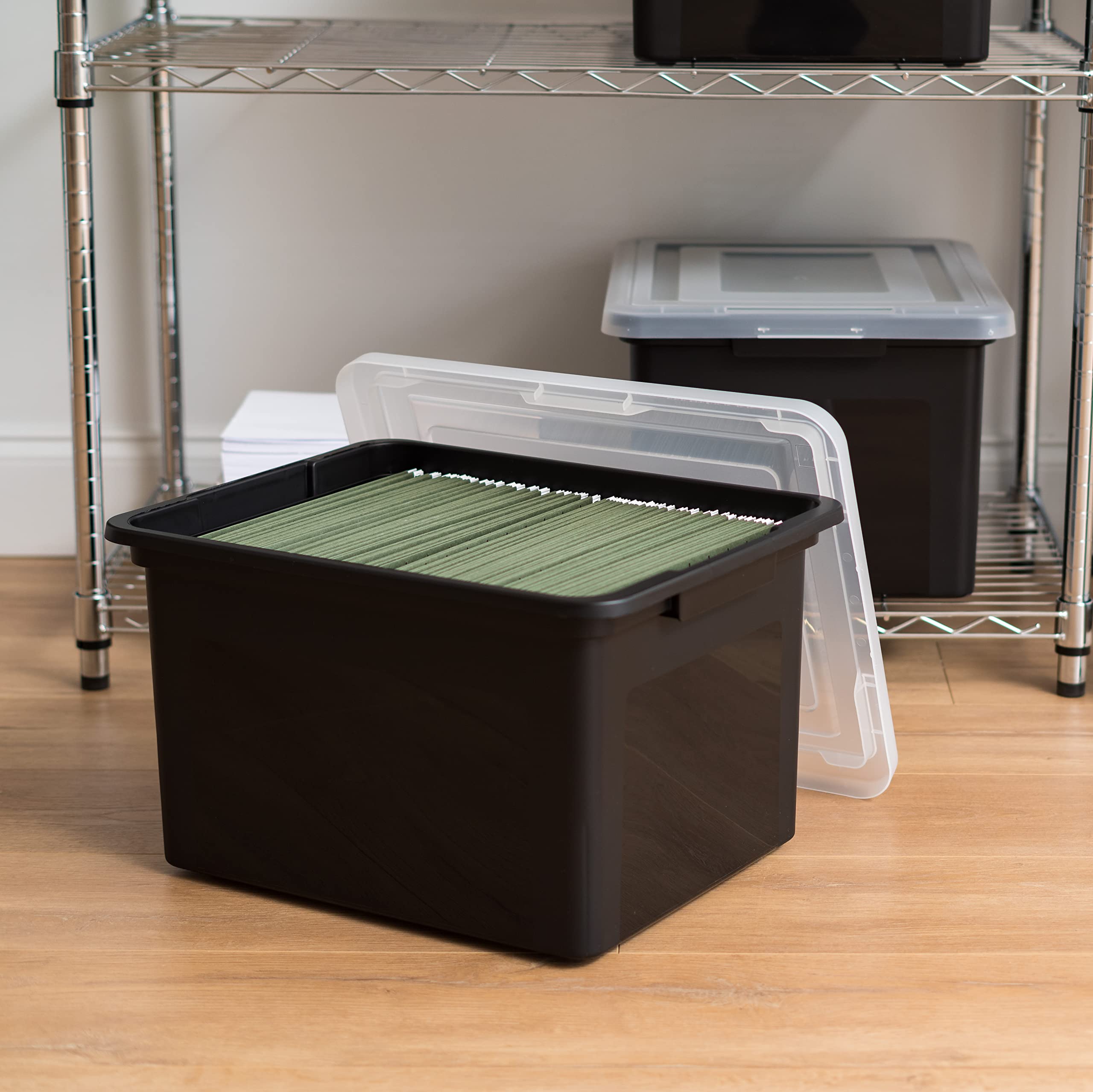 IRIS USA Letter & Legal Size Plastic Storage Bin Tote Organizing File Box with Durable and Secure Latching Lid, Stackable and Nestable, 4 Pack, Black