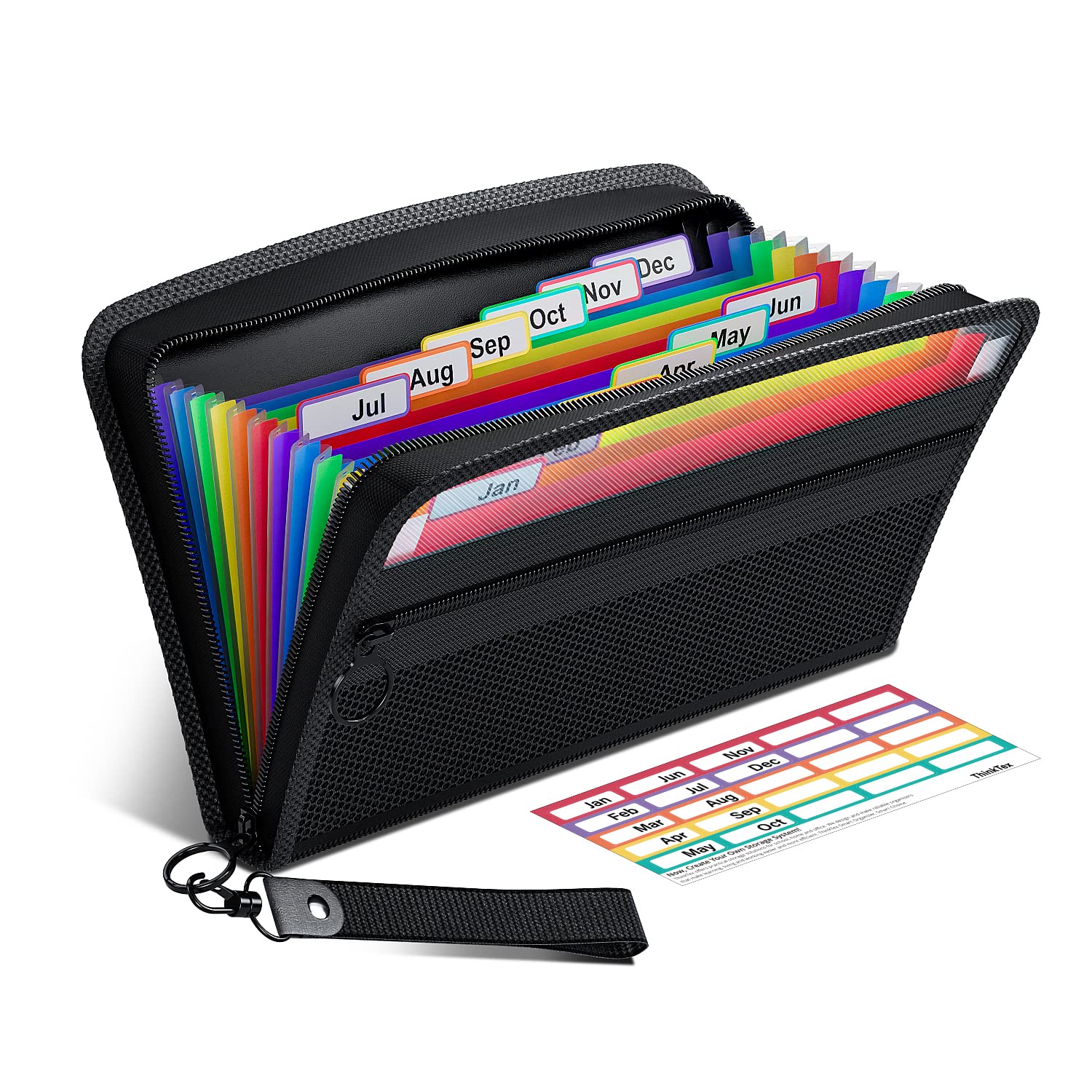 ThinkTex Receipt Coupon Organizer, 12 Pockets Small Accordian File Organizer, Junior Size 11x 6 Inches, Zipper Closure, Multi-Color Tabs