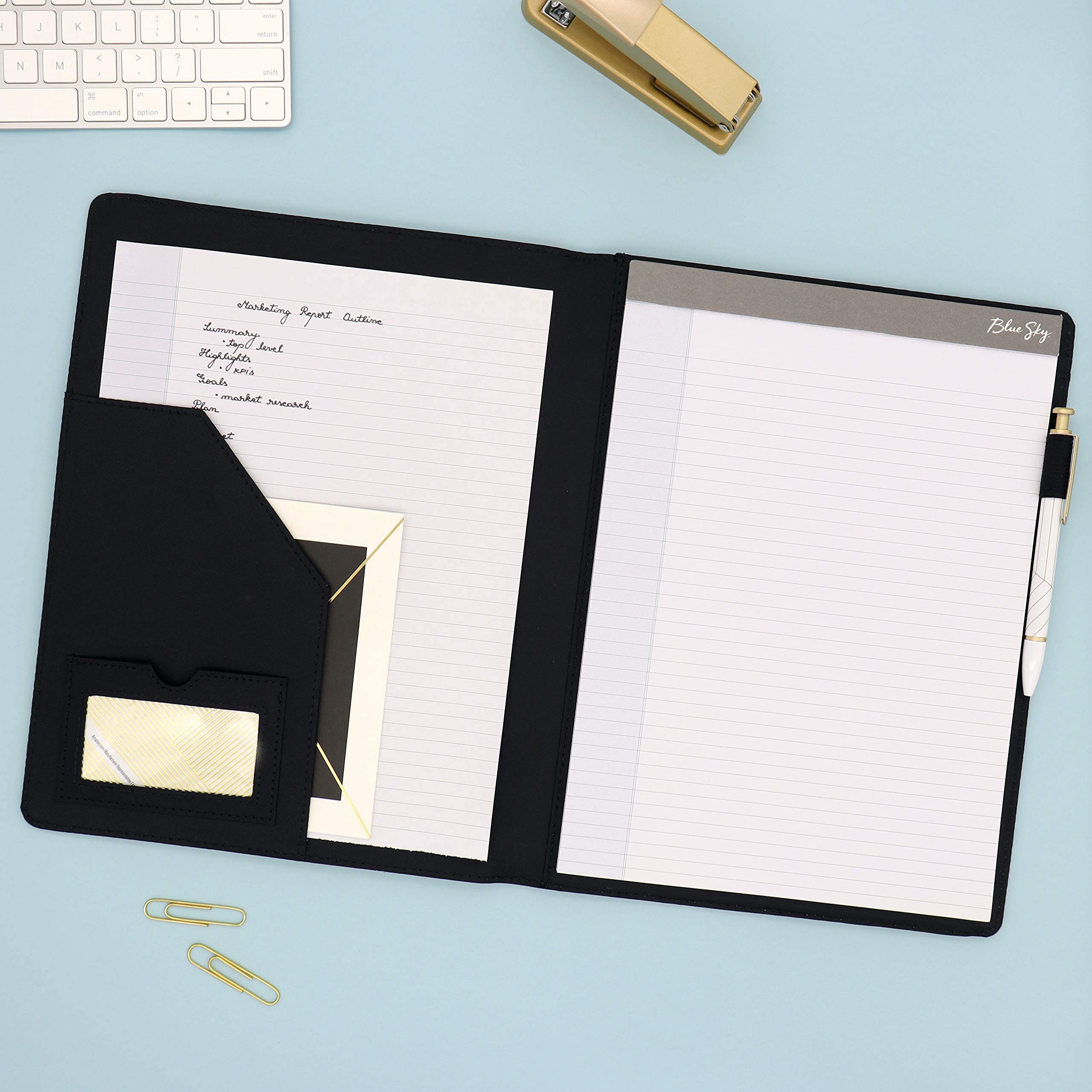 Blue Sky Professional Padfolio, 9.5" x 12", Textured Faux Leather Cover, Black, 8.5β x 11" Paper Notepad Included, 14714