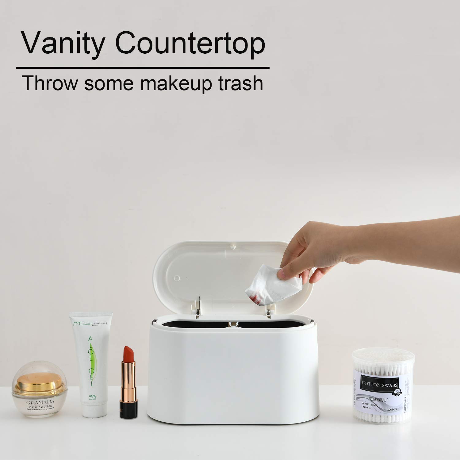 SUBEKYU Mini Trash Can with Lid,Tiny Desktop Trash Can,Countertop Mini Garbage Cans, Mini Trash Can for Desk,Tiny Waste Basket,White
