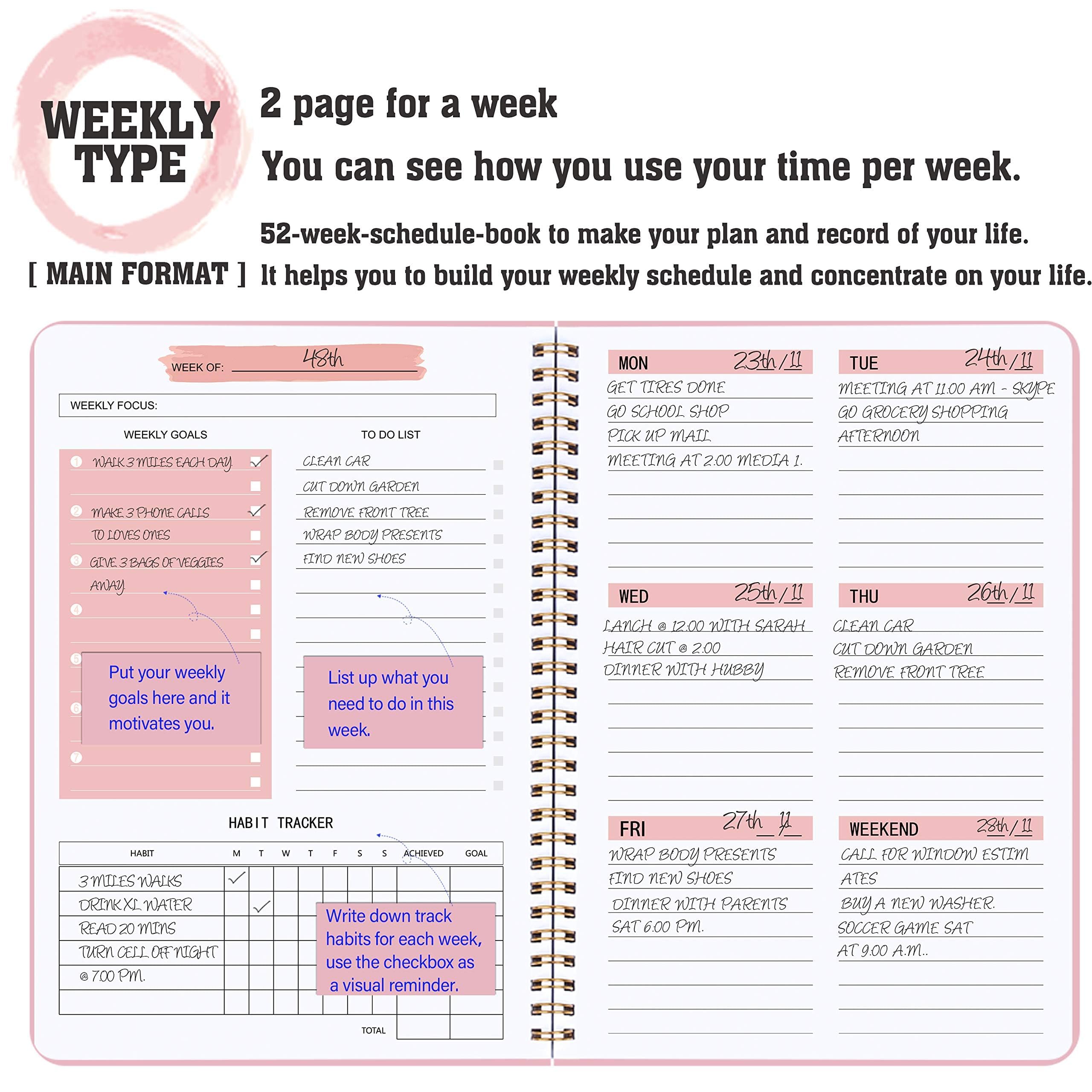 Undated Weekly Planner- Weekly Goals Notebook, A5 To Do List Planner, Habit Tracker Journal with Spiral Binding, Tracker and Goal Planner, 5.7 x 8.0 inches