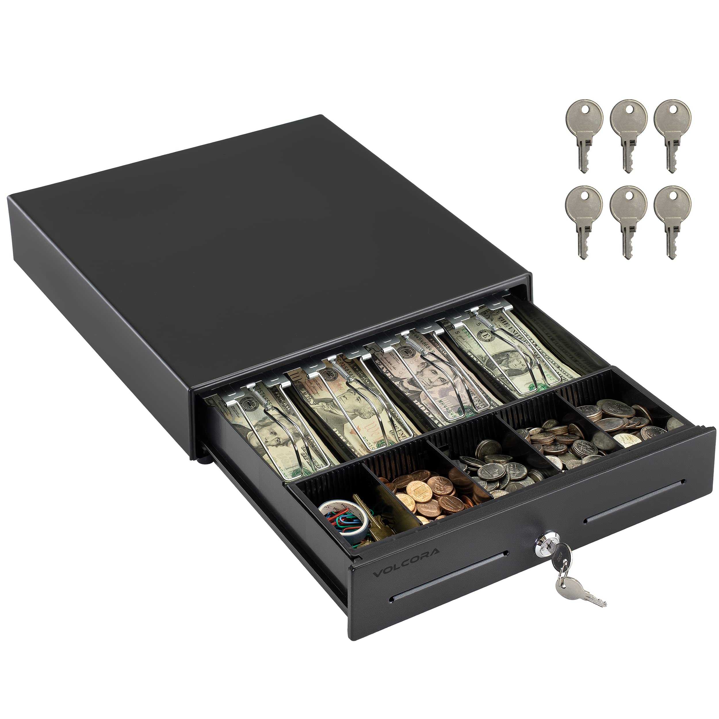 13" Cash Register Drawer for Point of Sale (POS) System with 4 Bill 5 Coin Cash Tray, Removable Coin Compartment, 24V, RJ11/RJ12 Key-Lock, Media Slot, Black - for Stores, Shops, and Businesses