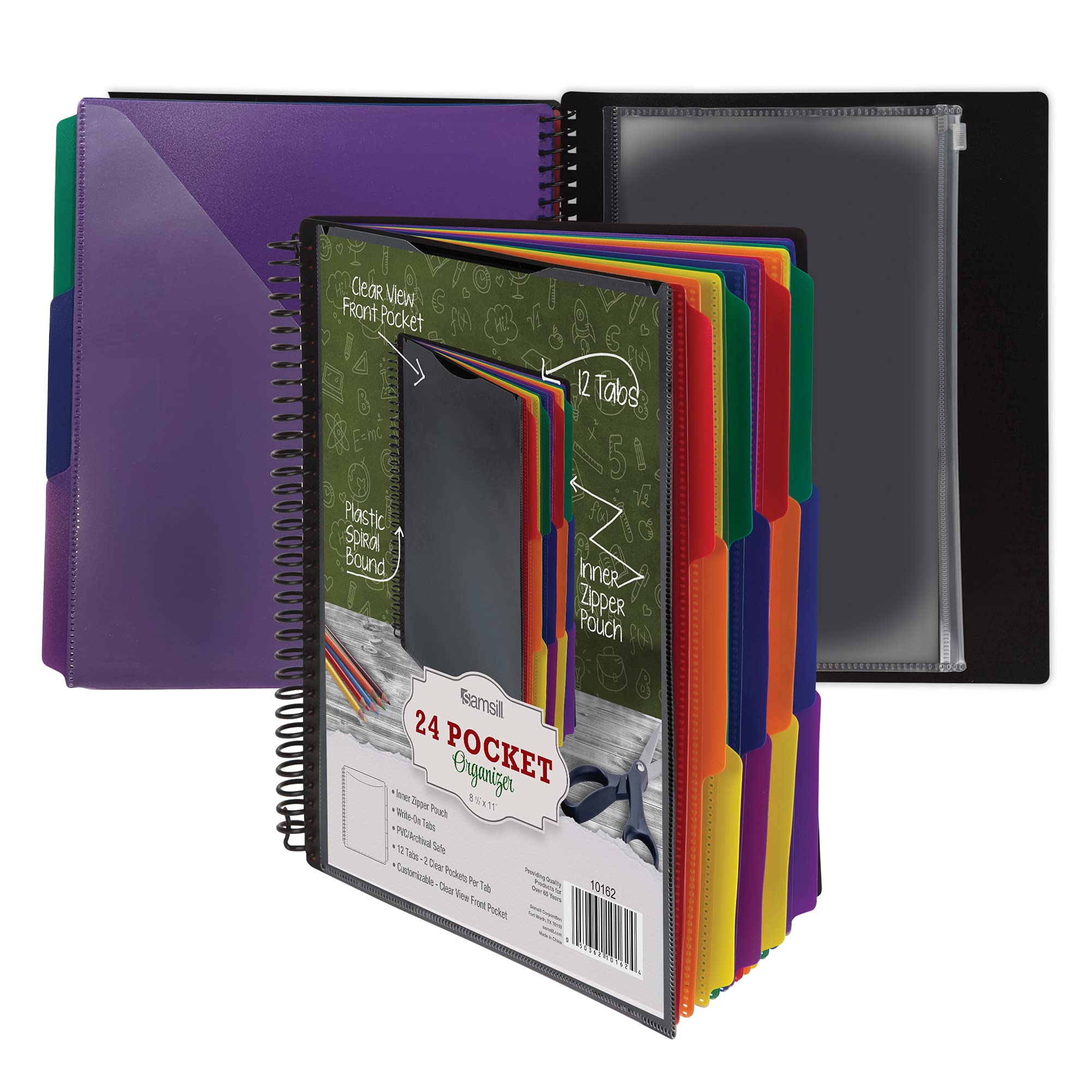 Samsill 24 Pocket Spiral Project Organizer with 12 Dividers, Customizable Front Cover, Erasable Write On Tabs in Assorted Colors, Plastic Folders with Pockets