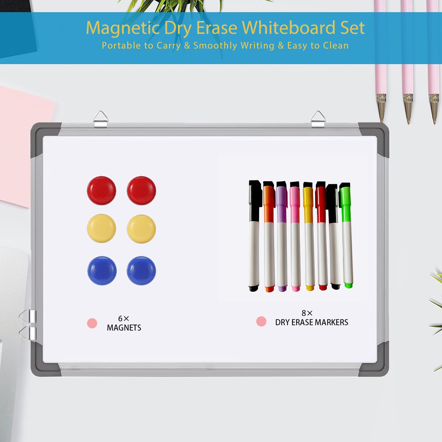 Dry Erase White Board 12" x 16" Hanging ,8 Magnetic Markers ,6 Magnets,Portable Writing, Drawing & Planning Small Whiteboard Easy to Clean Wall Whiteboard for Office School, Kids, Home