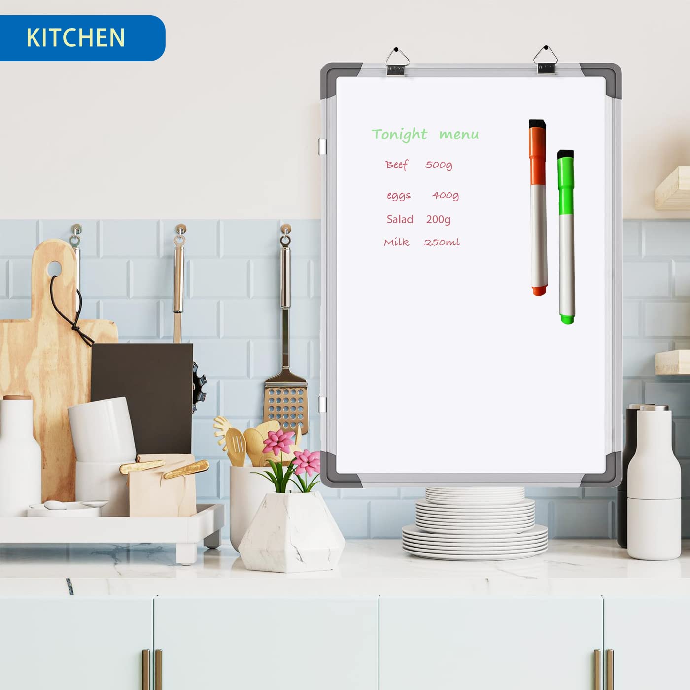 Dry Erase White Board 12" x 16" Hanging ,8 Magnetic Markers ,6 Magnets,Portable Writing, Drawing & Planning Small Whiteboard Easy to Clean Wall Whiteboard for Office School, Kids, Home