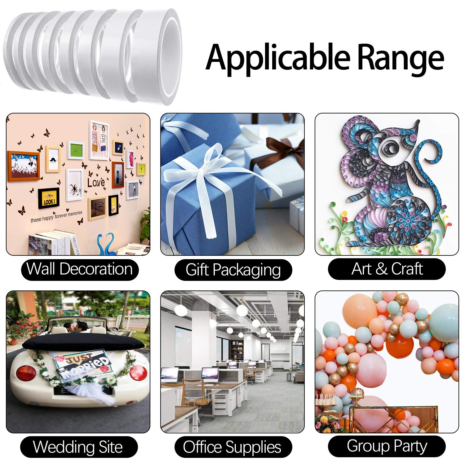 Double-Sided Tape for Arts, Crafts, Photography, Scrapbooking, Tear-by-Hand, Paper Backing (6 Rolls) (Width: 6mm/ 9mm/ 12mm/ 15mm)