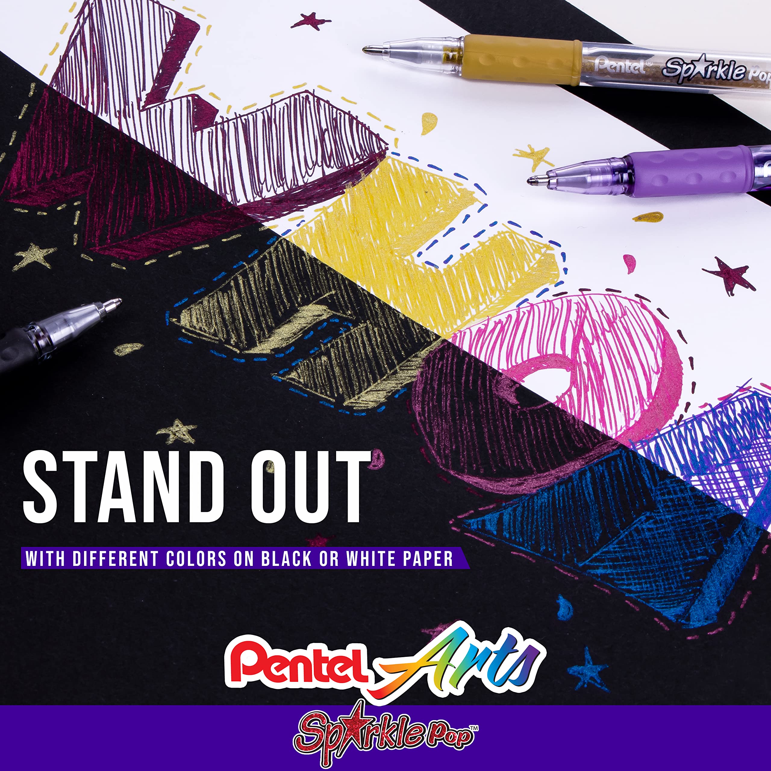 Pentel Arts Sparkle Pop Metallic Gel Ink Pen, 1.0mm Bold Line, Assorted Colors, Pack of 8 (K91PABP8M)