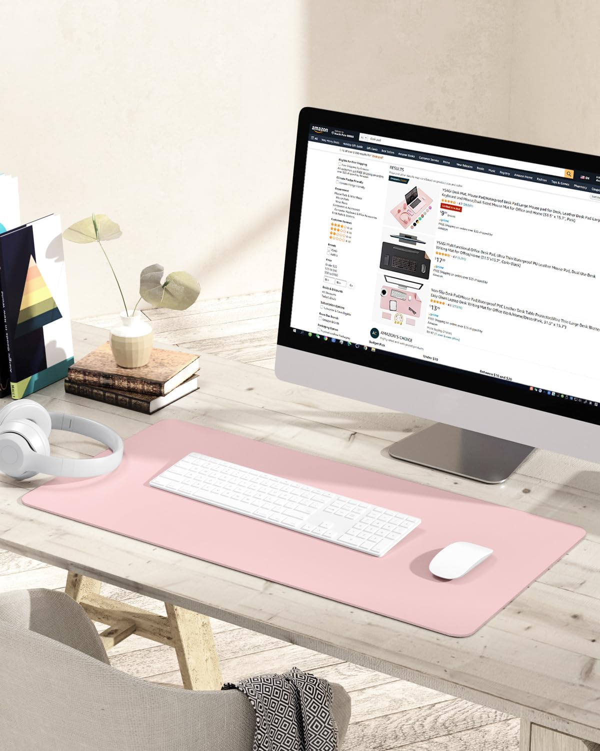 Non-Slip Desk Pad,Mouse Pad,Waterproof PVC Leather Desk Table Protector,Ultra Thin Large Desk Blotter, Easy Clean Laptop Desk Writing Mat for Office Work/Home/Decor(Pink, 31.5" x 15.7")