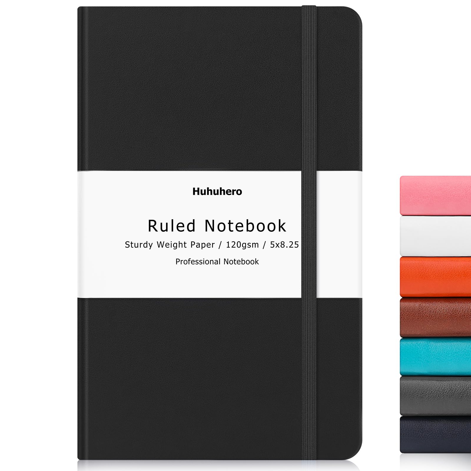 Huhuhero Notebook Journal, Lined Ruled Journal, Hardcover 120Gsm Premium Thick Paper with Faux Leather Notebook for Journaling Writing Note Taking Office School Supplies 5.25"×8.25"(1,Matte Black)