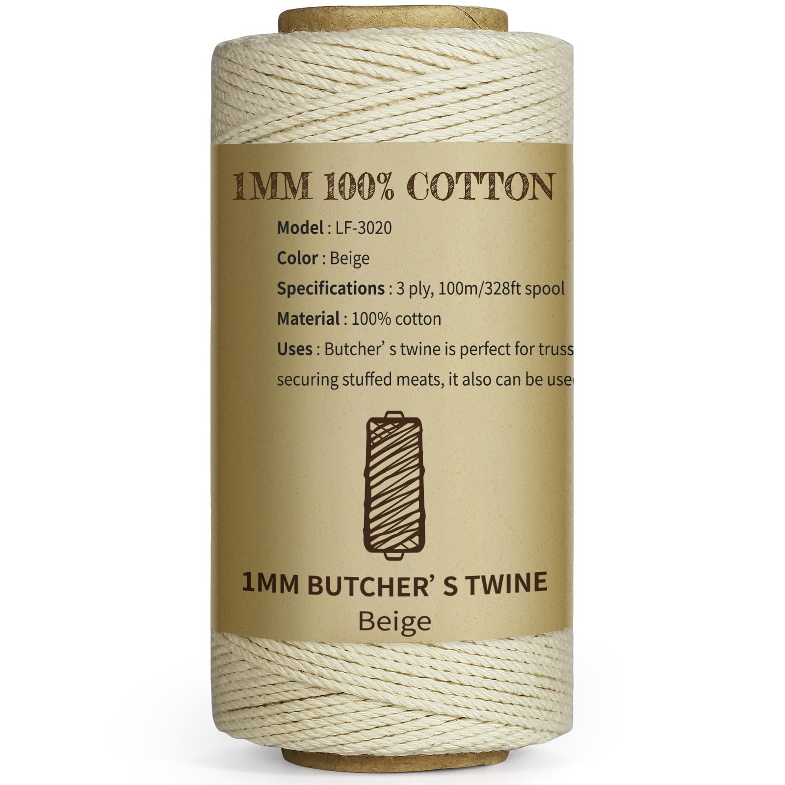 TJ.MOREE Butchers Twine, 3Ply 100m/328 1mmThick Feet Food Safe Cotton Cooking Meat Rope String Bakers Twine Fit to Parcel Sausage and Decorate Crafts (White)