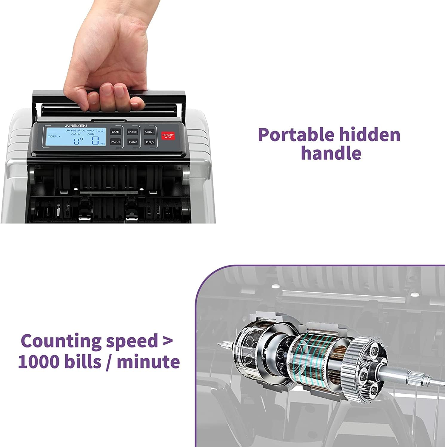 Aneken Money Counter Machine with Value Count, Dollar, Euro UV/MG/IR/DD/DBL/HLF/CHN Counterfeit Detection Bill Counter, ValuCount, Add and Batch Modes, Cash Counter with LCD Display, 2-Year Warranty