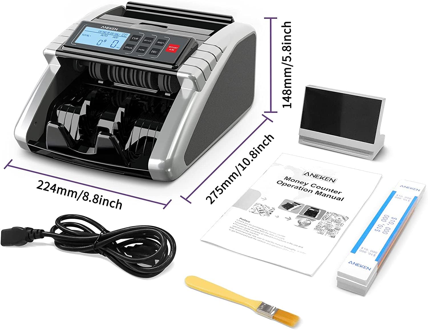 Aneken Money Counter Machine with Value Count, Dollar, Euro UV/MG/IR/DD/DBL/HLF/CHN Counterfeit Detection Bill Counter, ValuCount, Add and Batch Modes, Cash Counter with LCD Display, 2-Year Warranty