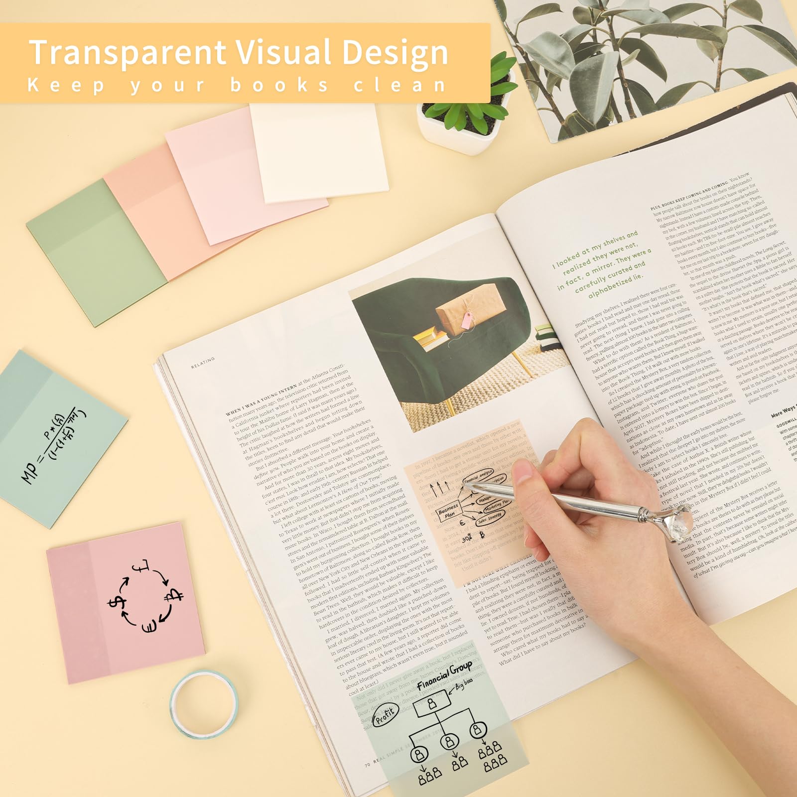 EOOUT 300 Sheets Pastel Transparent Sticky Notes, 6 Pads, 3x3 Inch, 6 Colors Clear Self-Sticky Notes, Translucent Adhesive Sticky Notes, for Bible Tabs, Book Tabs, School Supplies for College, Office