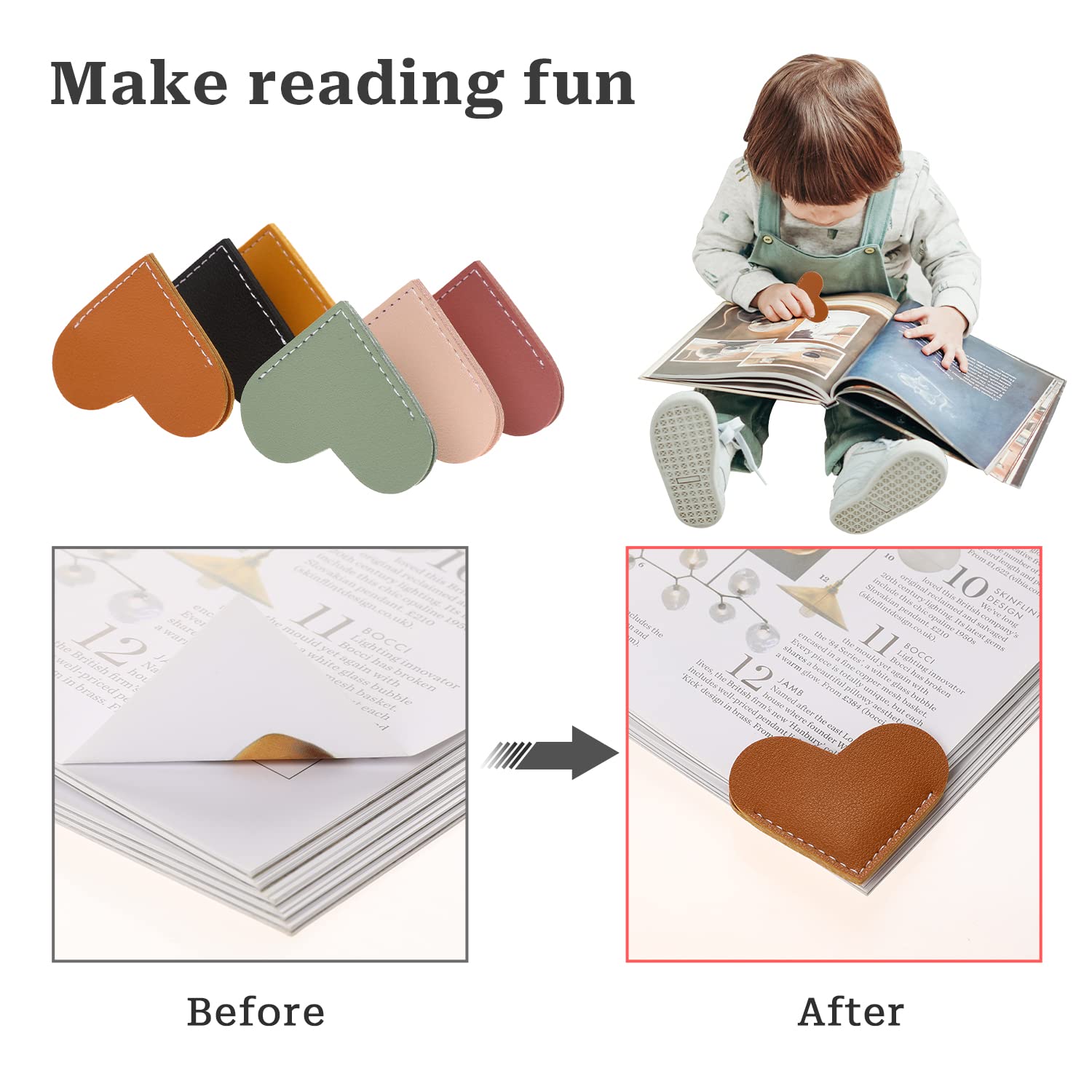 Leather Heart Bookmark,6 Pcs Corner Page Book Marks for Women,Kids, Book Accessories for Reading Lover,Cute Handmade Book Reading Gift for Book Lovers