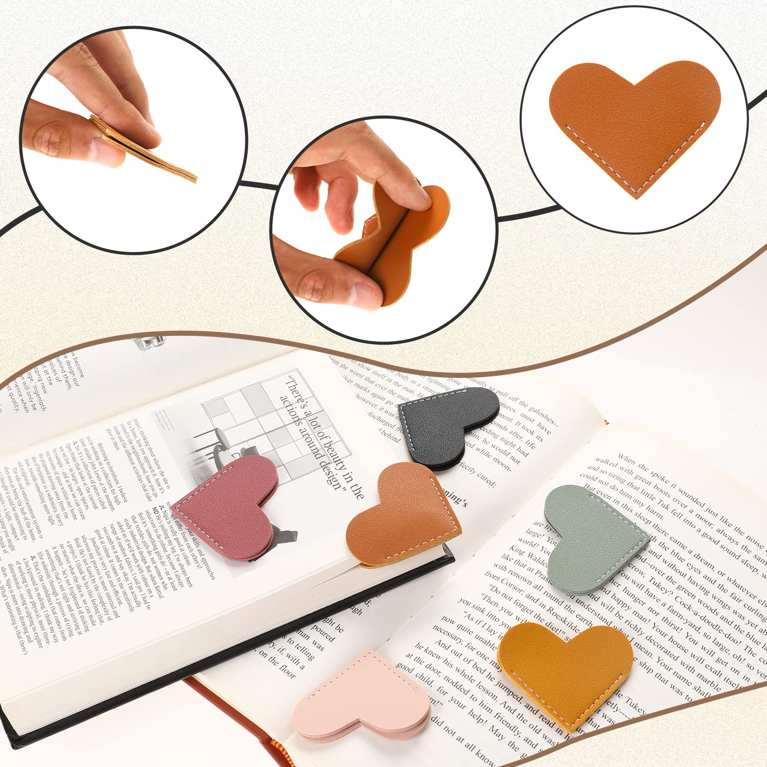 Leather Heart Bookmark,6 Pcs Corner Page Book Marks for Women,Kids, Book Accessories for Reading Lover,Cute Handmade Book Reading Gift for Book Lovers