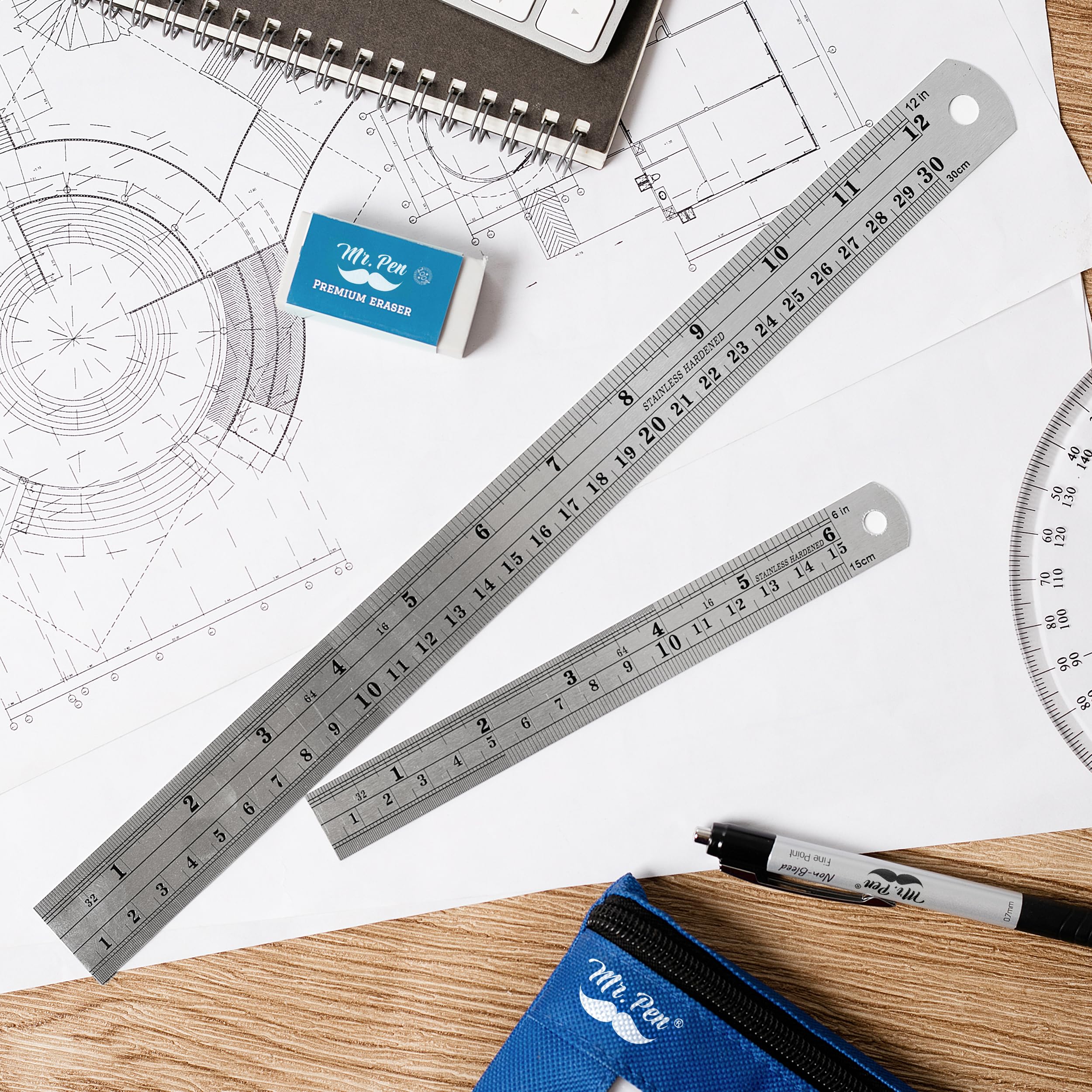 Mr. Pen Steel Rulers, 6 inch and 12 inch Metal Rulers, Pack of 2