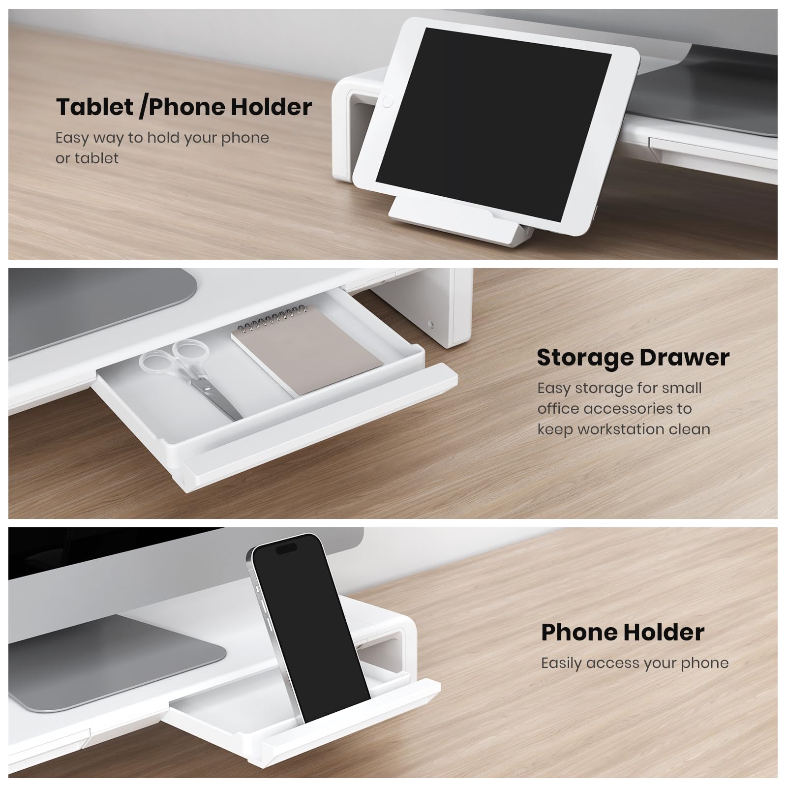 Monitor Stand Riser, Klearlook Foldable Computer Monitor Stand, Adjustable Computer Stand Desk Organizer with Storage Drawer, Tablet Phone Stand for Laptop PC Printer (White)