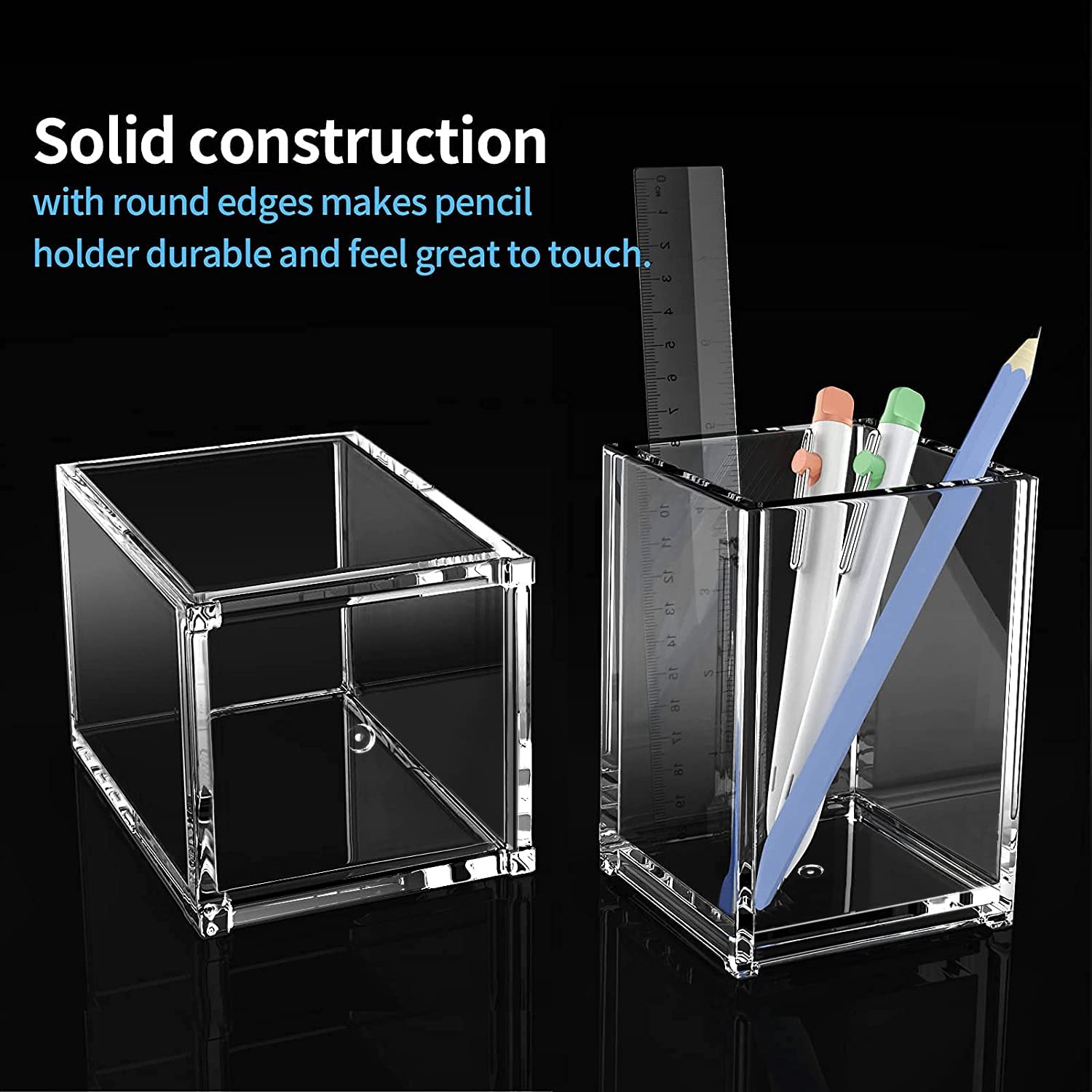 MaxGear Pen Holder 2 Pack Clear Acrylic Pencil Holder for Desk, Pencil Cups Desk Accessories Holder, Makeup Brush Storage Organizer, Desktop Stationery Organizer for Office School Home Supplies