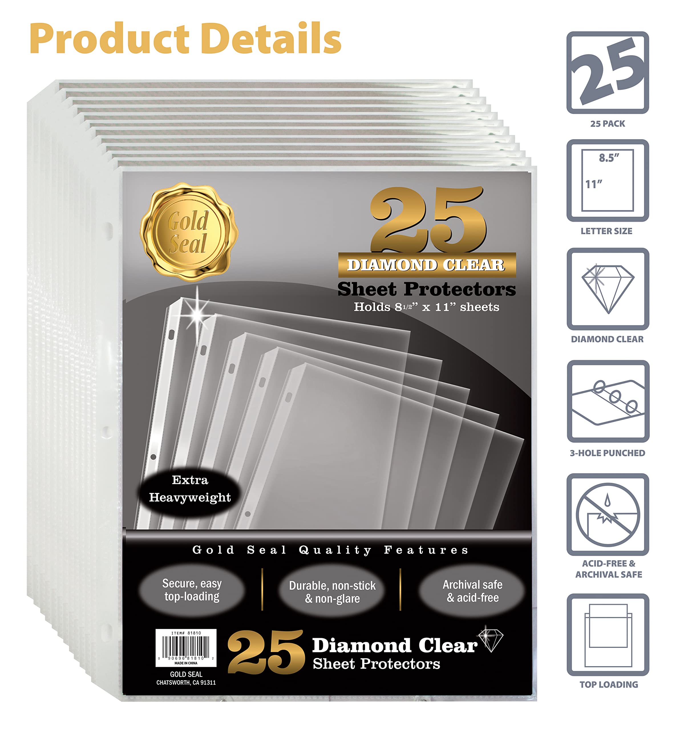 25 Count Diamond Clear Extra Heavyweight Sheet Protectors, 4 mils Strong, by Gold Seal, 8.5 x 11", Top Load, 25 Pack