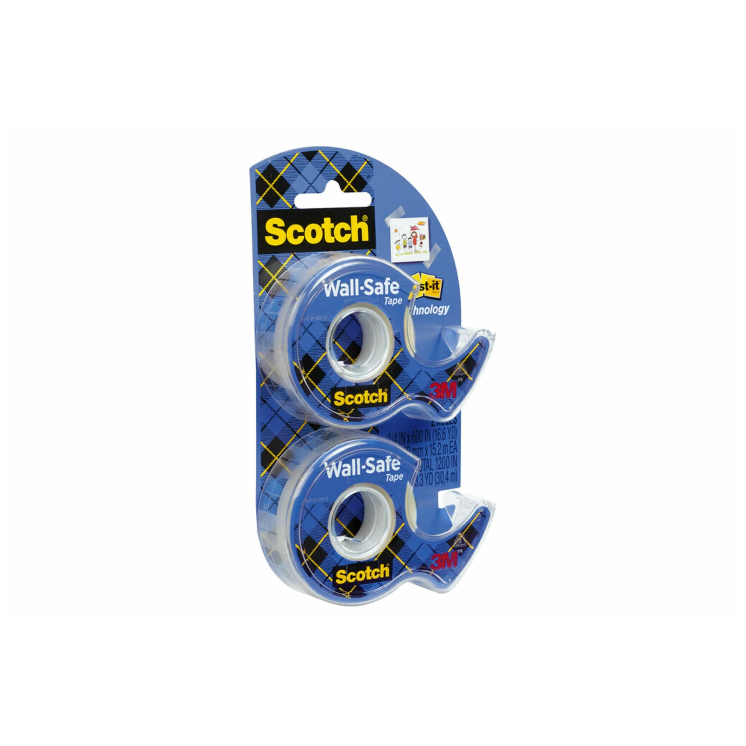 Scotch Wall-Safe Tape, 2 Dispensered Rolls, Sticks Securely, Removes Cleanly, Invisible, Designed for Displaying, Photo Safe, 3/4 in x 600 in (183-DM2)