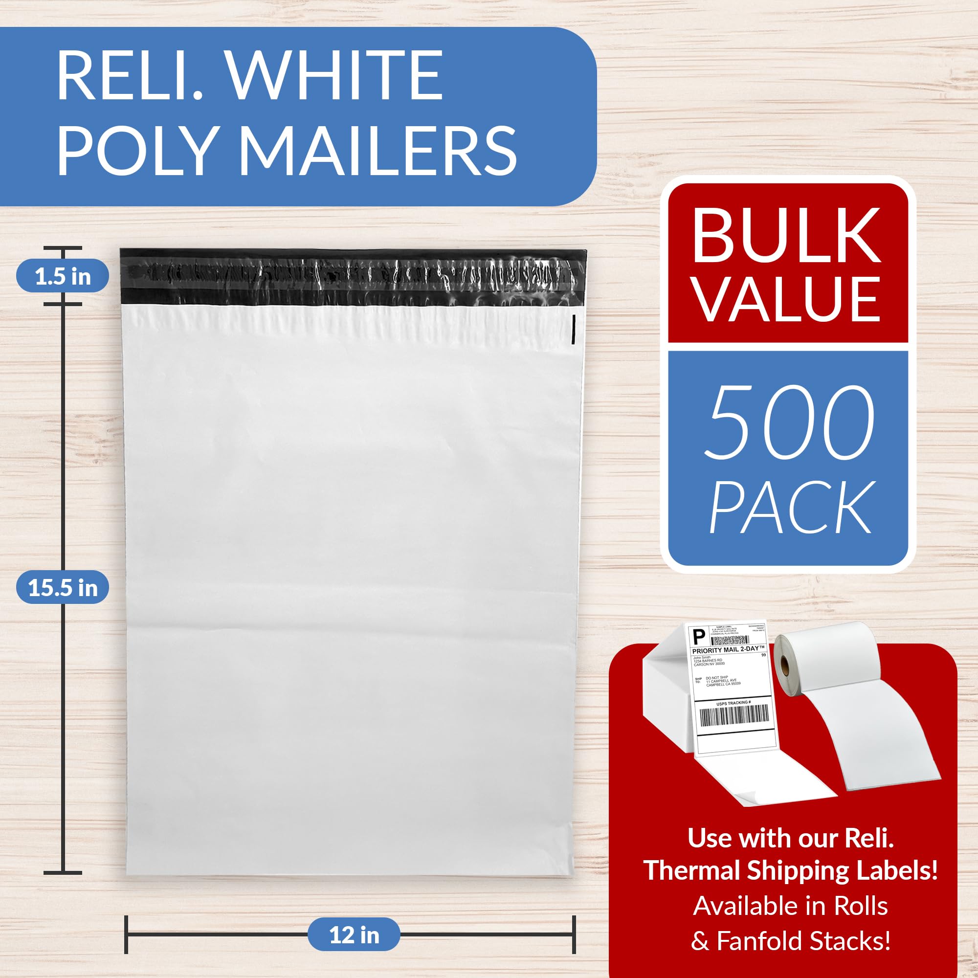 Reli. Poly Mailers 12x15.5 | 500 Pcs Bulk | Shipping Envelopes/Shipping Bags | White Packaging Bags for Shipping | Non-Padded Polymailers, Self Sealing Mailing Bags for Clothing, Bulk (White)