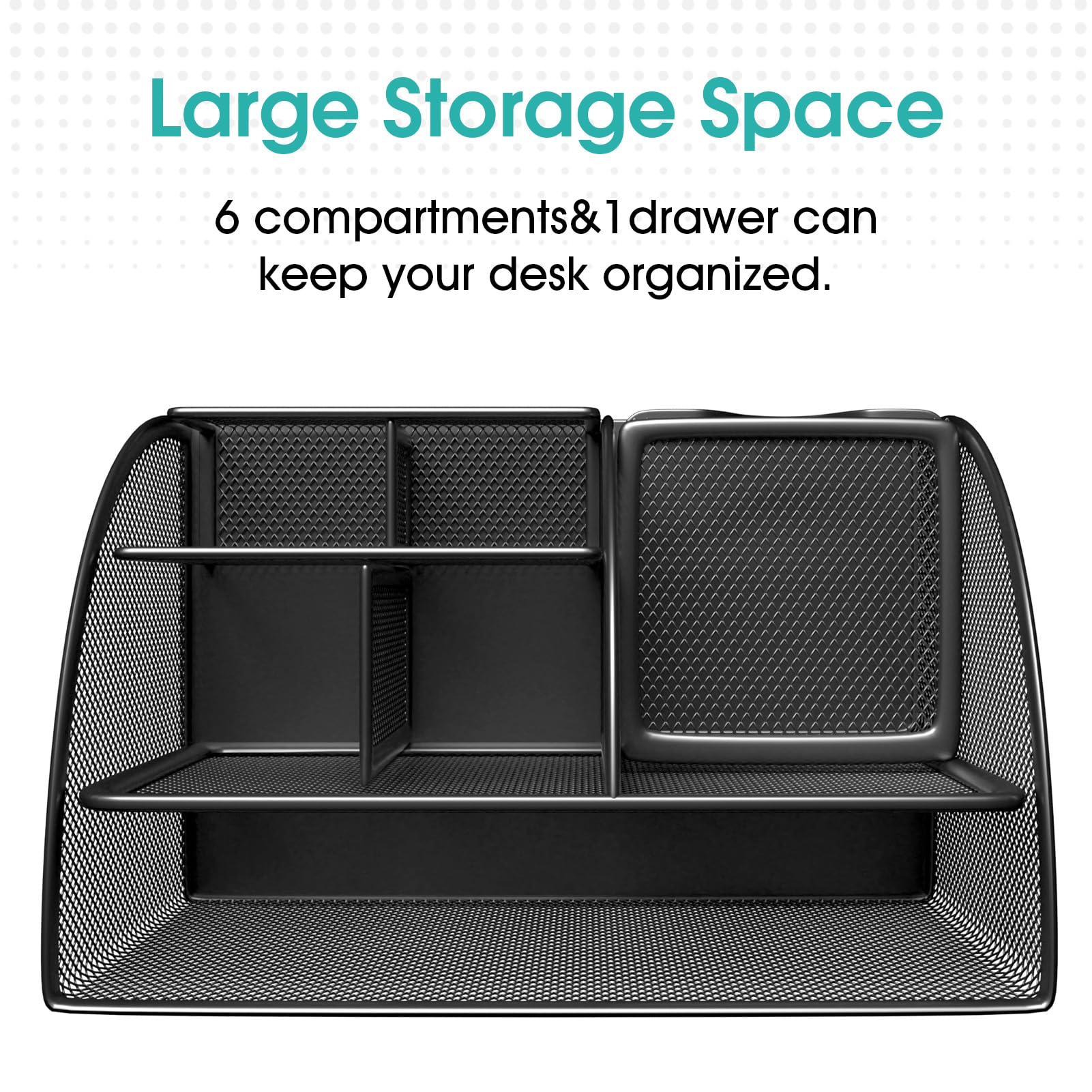 MaxGear Mesh Desk Organizer Office Desktop Organizer with Drawer, Metal Stationary Organizer Black Desk Caddy, 6 Compartments, 8.7 x 5.5 x 5 inch, 1 Pack