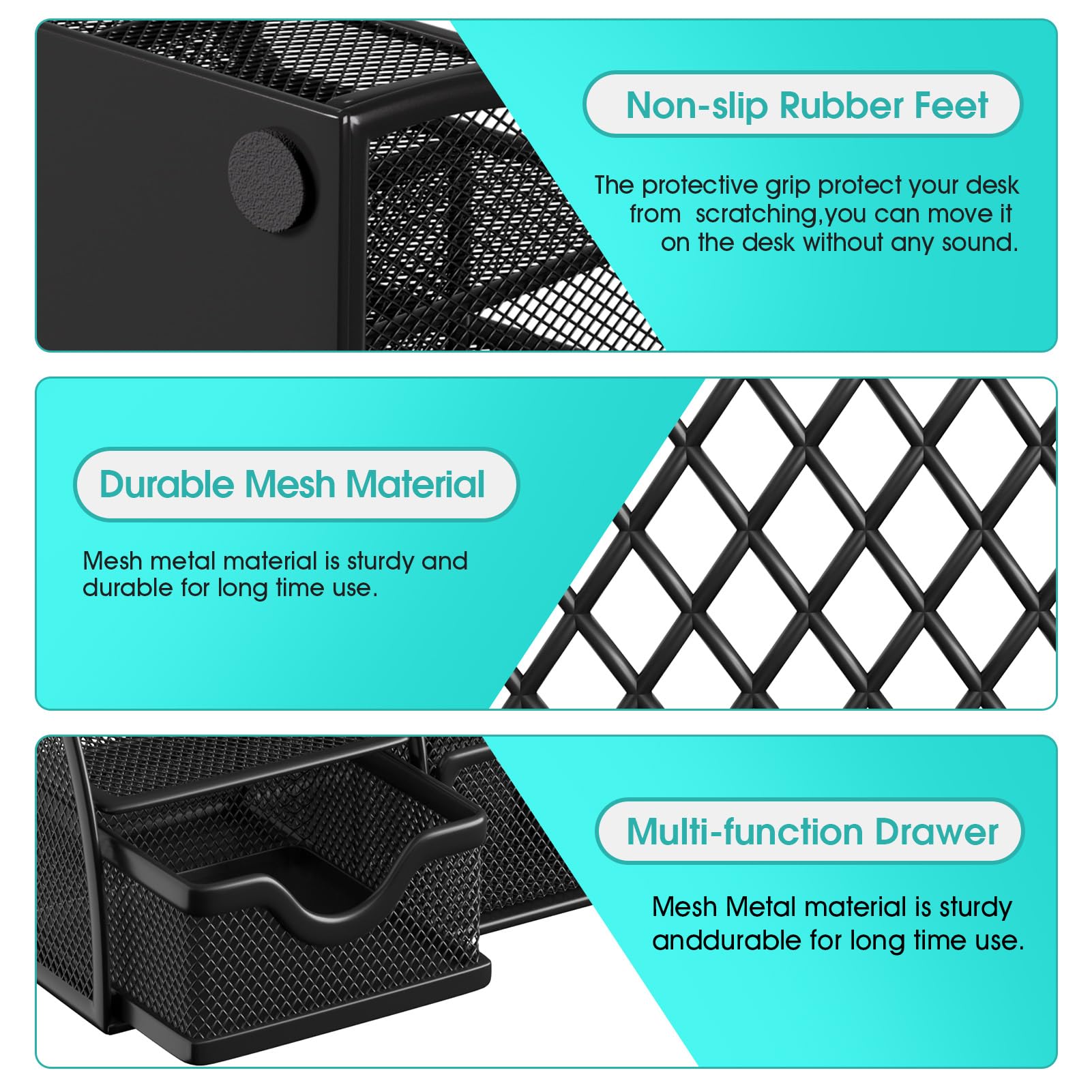 MaxGear Mesh Desk Organizer Office Desktop Organizer with Drawer, Metal Stationary Organizer Black Desk Caddy, 6 Compartments, 8.7 x 5.5 x 5 inch, 1 Pack