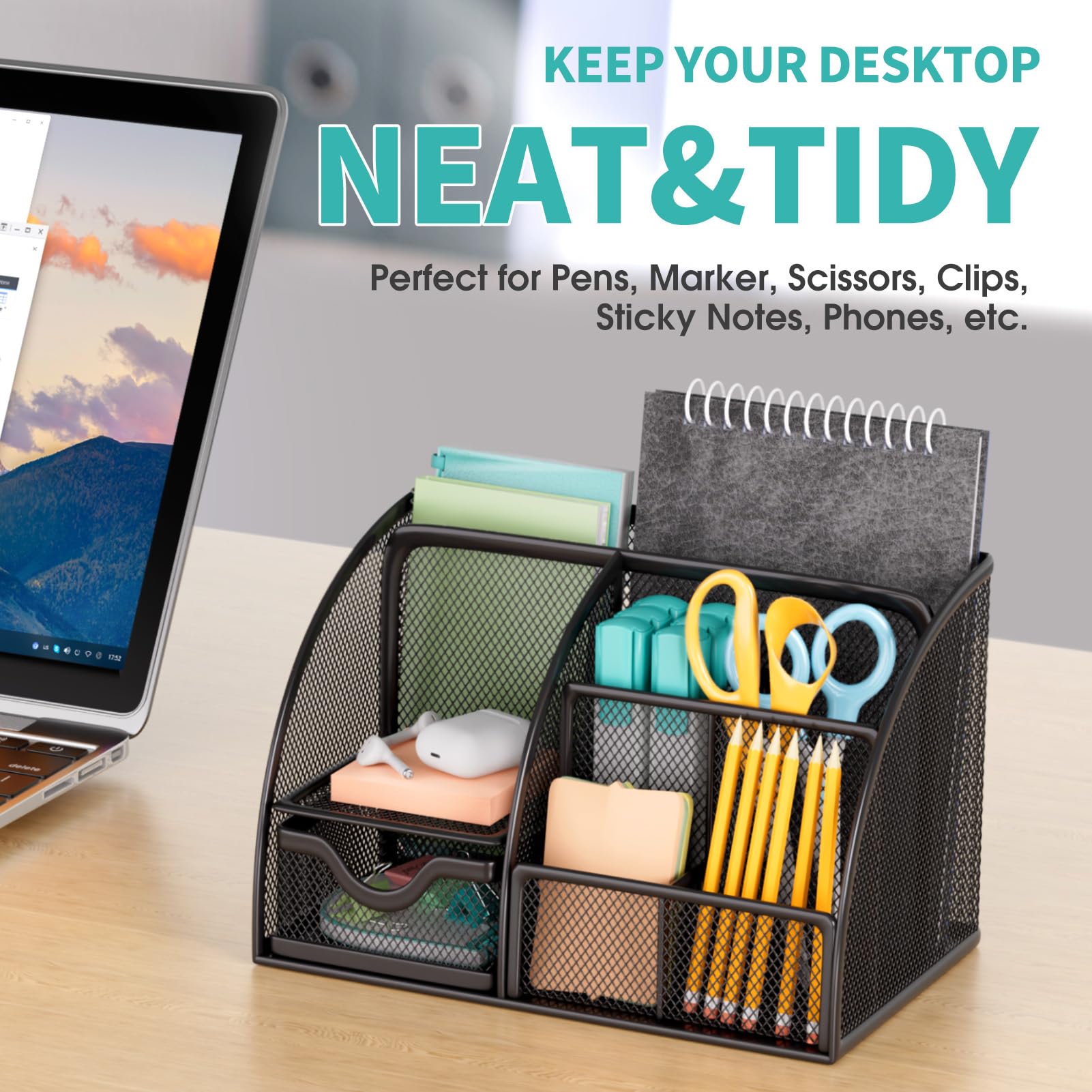 MaxGear Mesh Desk Organizer Office Desktop Organizer with Drawer, Metal Stationary Organizer Black Desk Caddy, 6 Compartments, 8.7 x 5.5 x 5 inch, 1 Pack