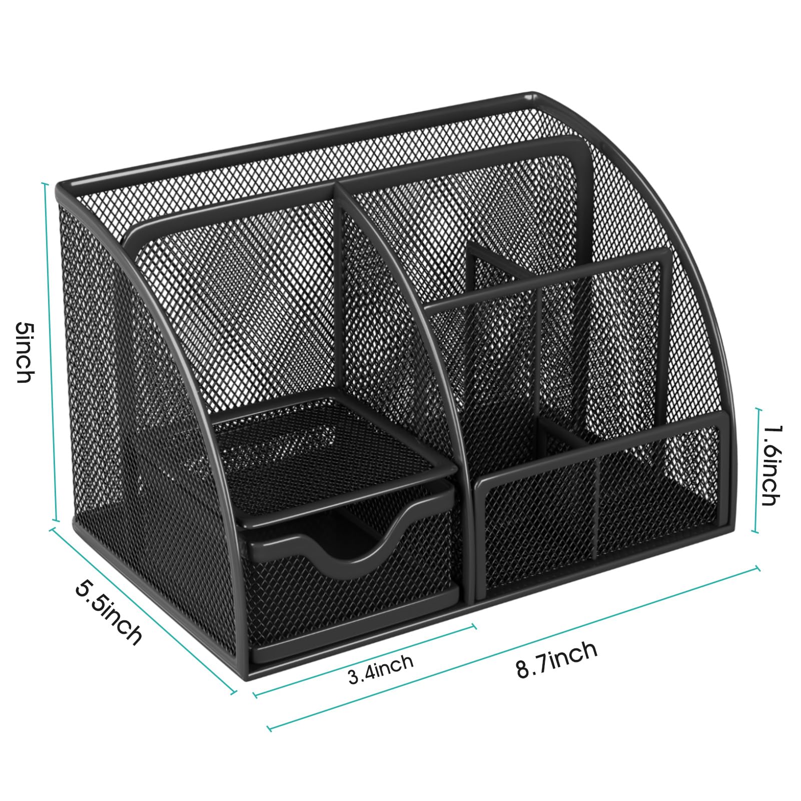 MaxGear Mesh Desk Organizer Office Desktop Organizer with Drawer, Metal Stationary Organizer Black Desk Caddy, 6 Compartments, 8.7 x 5.5 x 5 inch, 1 Pack