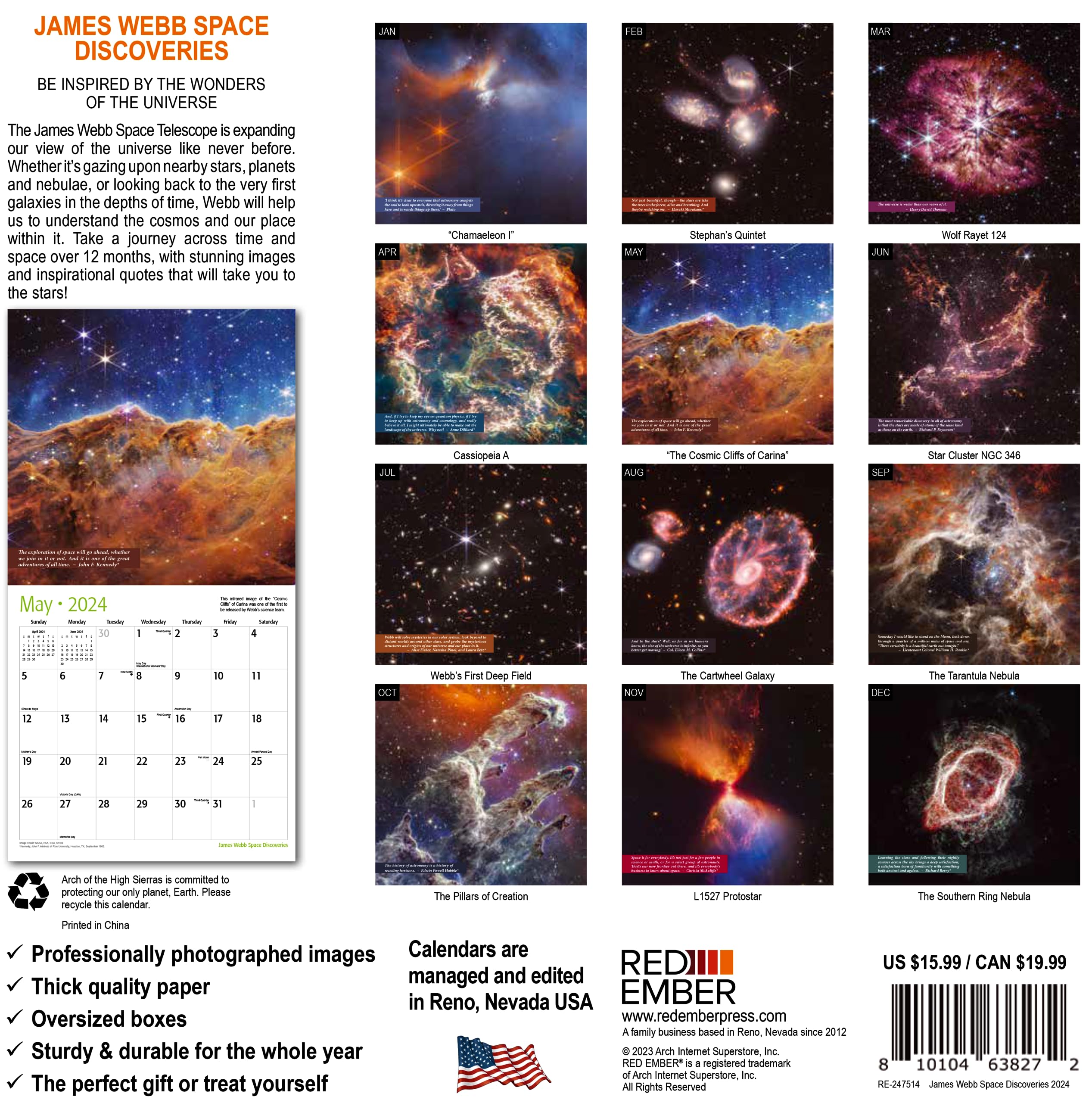 RED EMBER James Webb Space Telescope 2023 Hangable Monthly Wall Calendar |12" x 24" Open | Thick & Sturdy Paper | Giftable | Outer Space Universe NASA