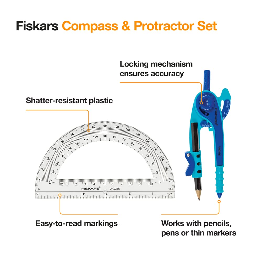 Fiskars Geometry Set, Compass and Protractor Set, Color Received May Vary