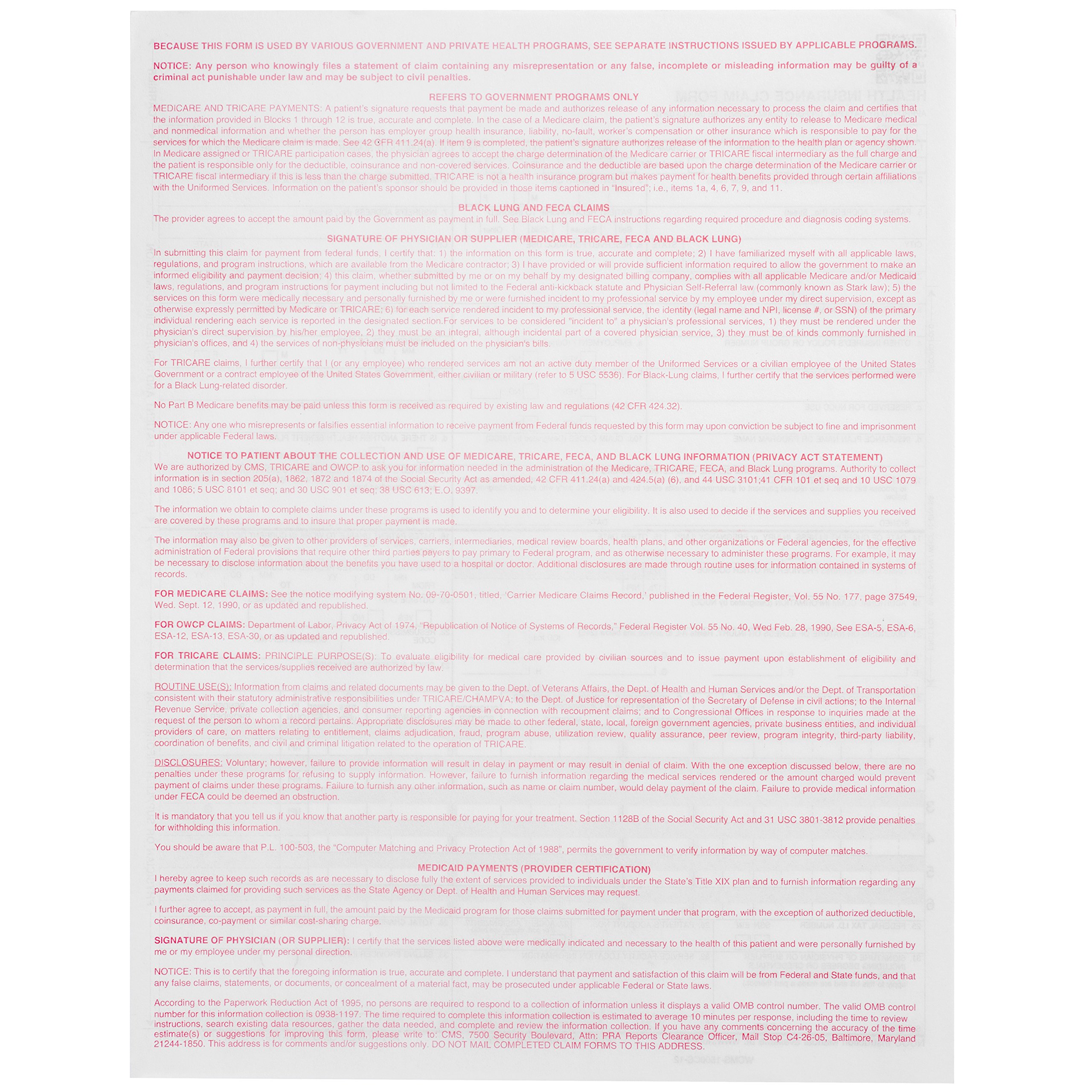 500 CMS-1500 Claim Forms - Current HCFA 02/2012 New Version - Forms Will Line Up with Billing Software and Laser Compatible - 500 Sheets - 8.5 x 11