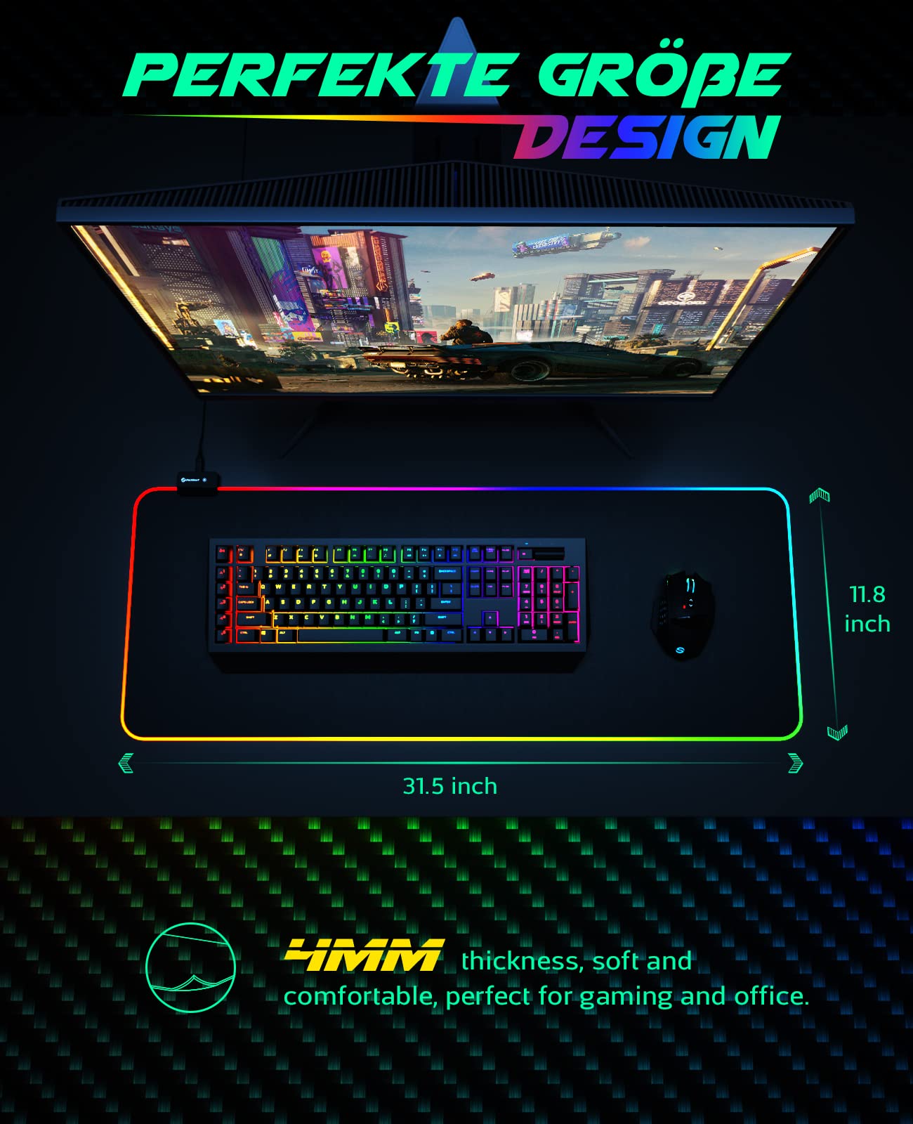 RGB Gaming UtechSmart Large Extended Soft Led Mouse Pad with 14 Lighting Modes 2 Brightness Levels, Computer Keyboard Mousepads Mat 800 x 300mm / 31.5×11.8 inches