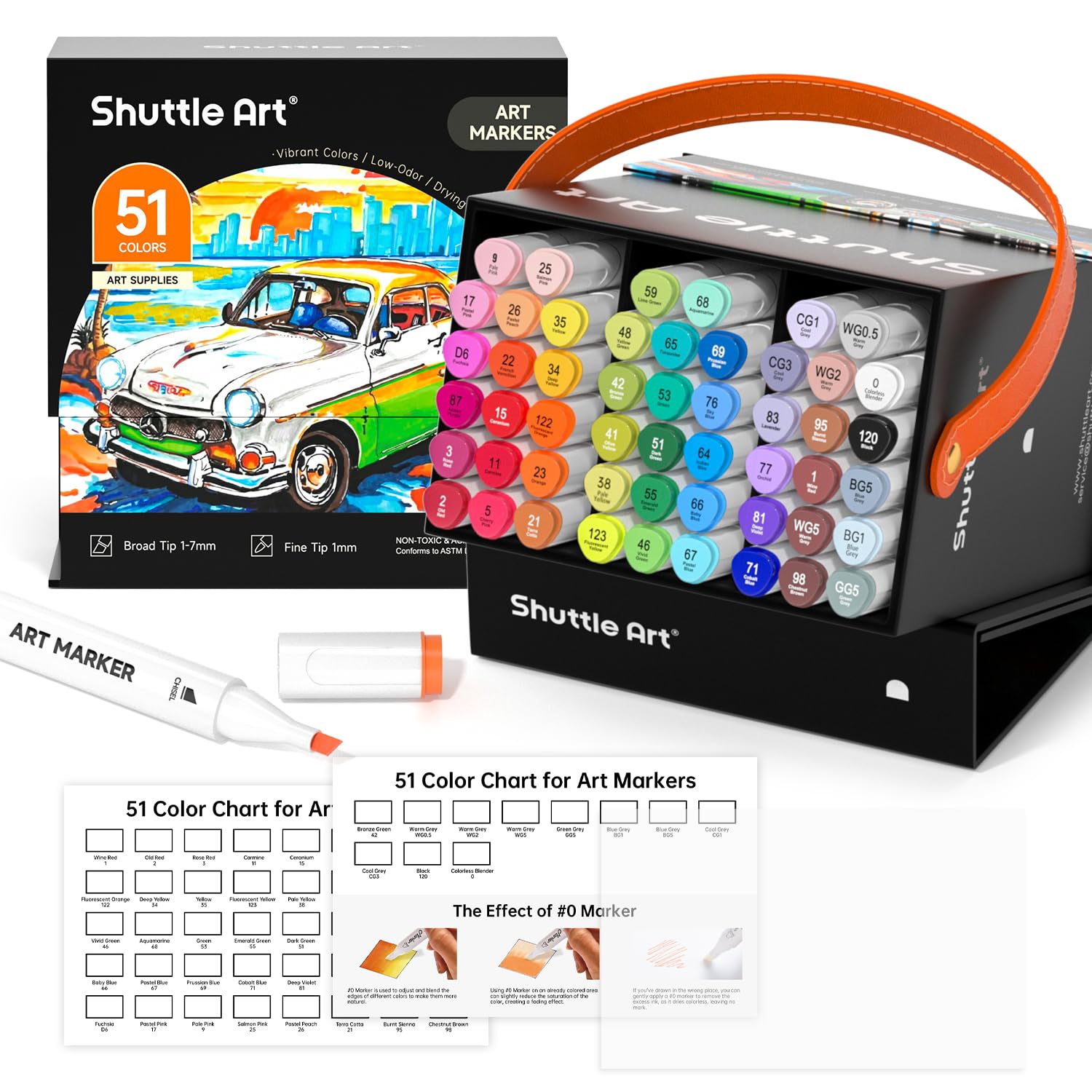 Shuttle Art 51 Colors Dual Tip Alcohol Based Art Markers, 50 Colors plus 1 Blender Permanent Marker Pens Highlighters with Case Perfect for Illustration Adult Coloring Sketching and Card Making