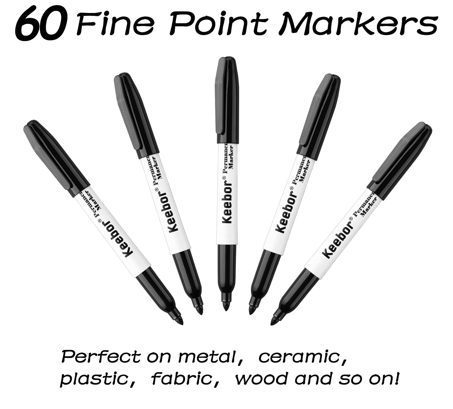 Keebor Advanced Permanent Markers Fine Tip, 60 Pack Black Permanent Marker Set, Waterproof - Quick Drying, Office Supplies
