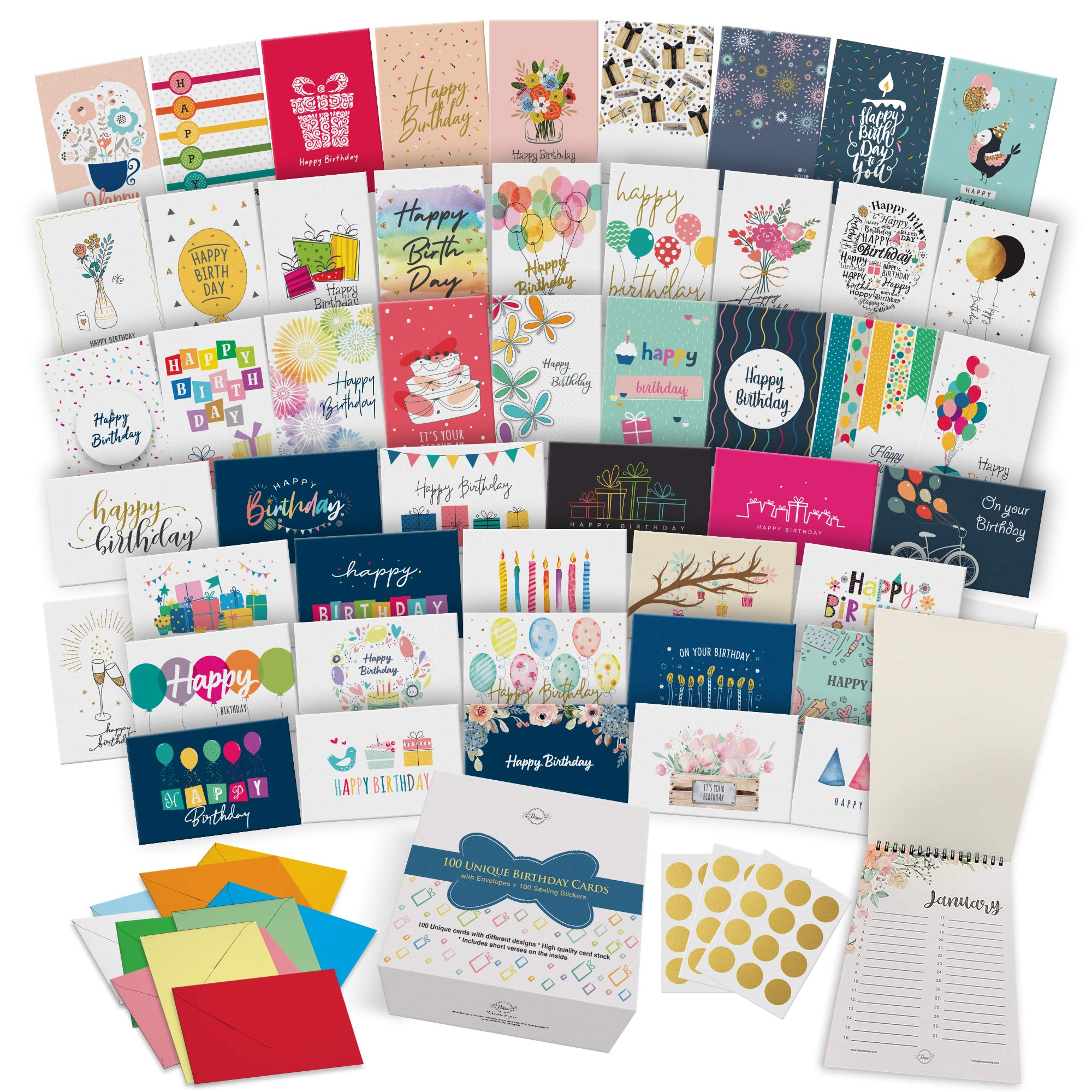 Dessie Unique Birthday Cards Assortment with Greetings Inside, Assorted Color Envelopes, Gold Seals, Birthday Calendar in Sturdy Storage Box, 100 Cards