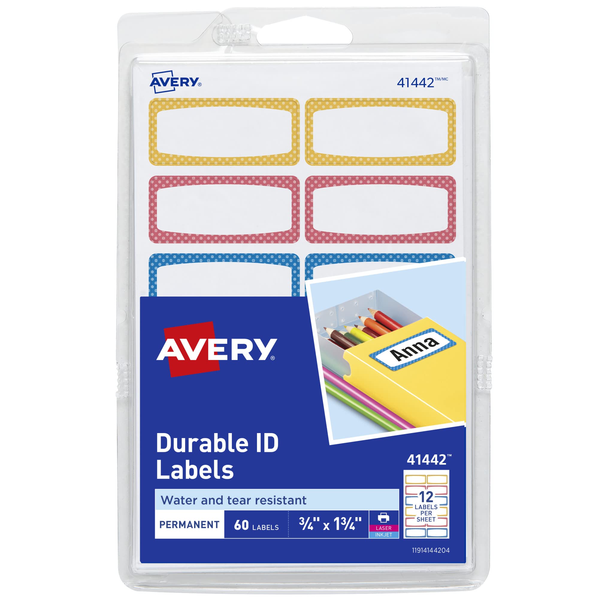 Avery(R) Durable Labels for Kids' Gear, 3/4" x 1-3/4", Assorted Border Colors, Water-Resistant Labels, 60 Rectangle Labels Total (41442)