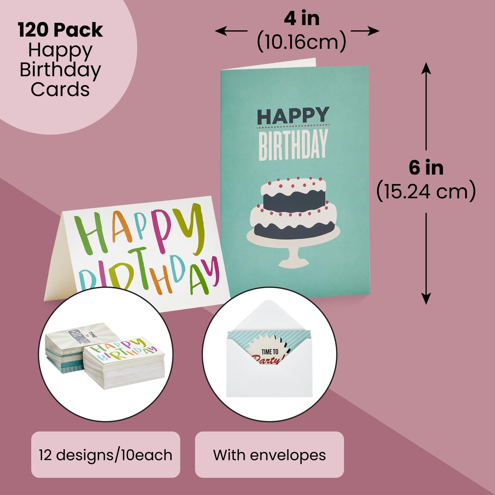 120 Pack Assorted Birthday Greeting Cards with Envelopes, 12 Designs, Blank Inside, Bulk Boxed Set (4x6 In)