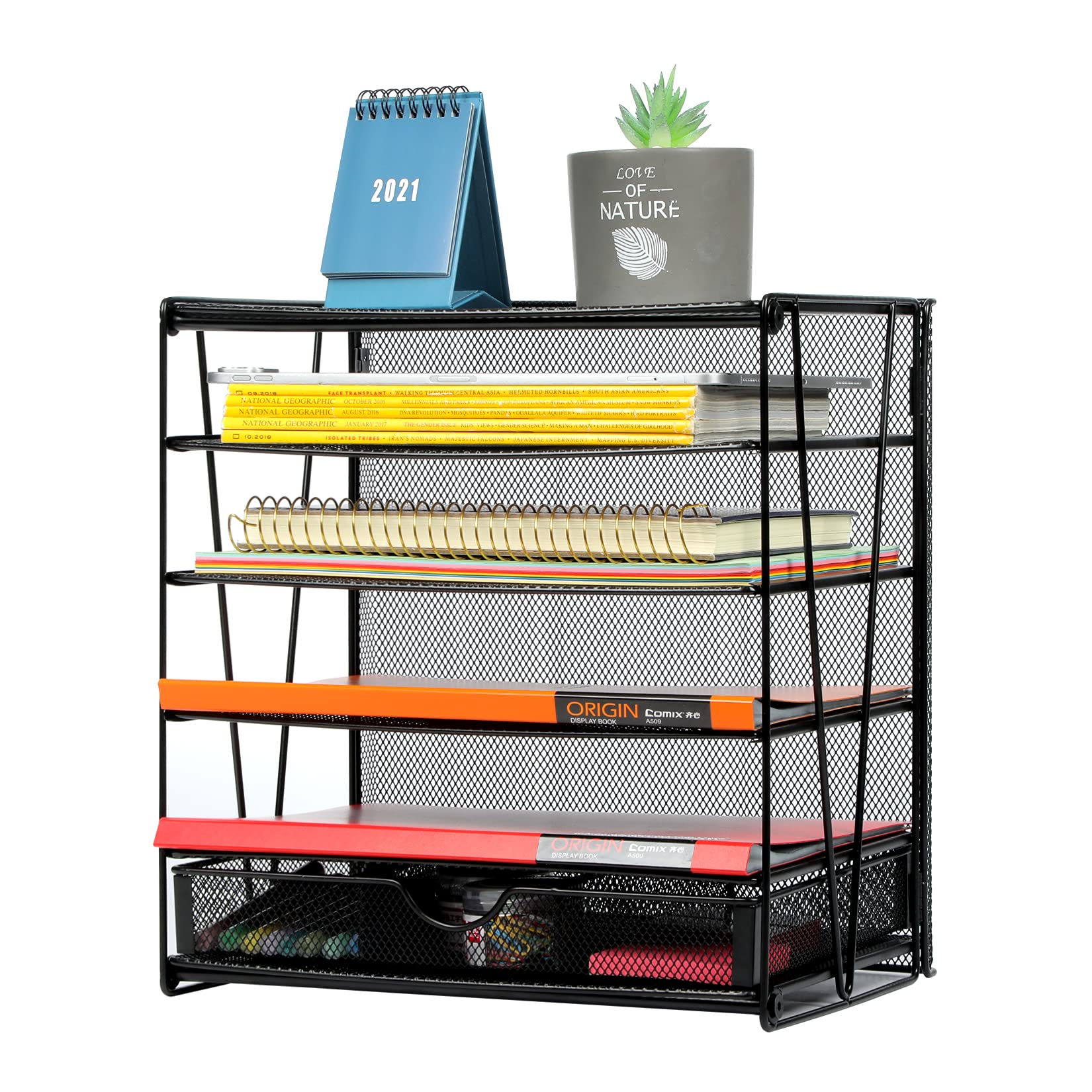 Samstar Paper Letter Tray, 5 Tier Desk File Organizer Paper Shelves Sorter Rack with Sliding Drawer and Extra Pen Holder, Black