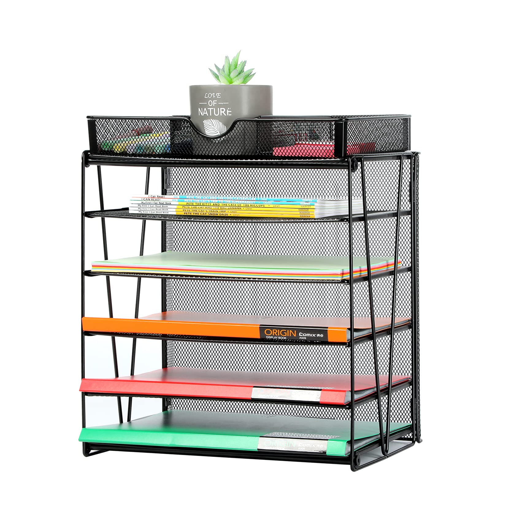 Samstar Paper Letter Tray, 5 Tier Desk File Organizer Paper Shelves Sorter Rack with Sliding Drawer and Extra Pen Holder, Black