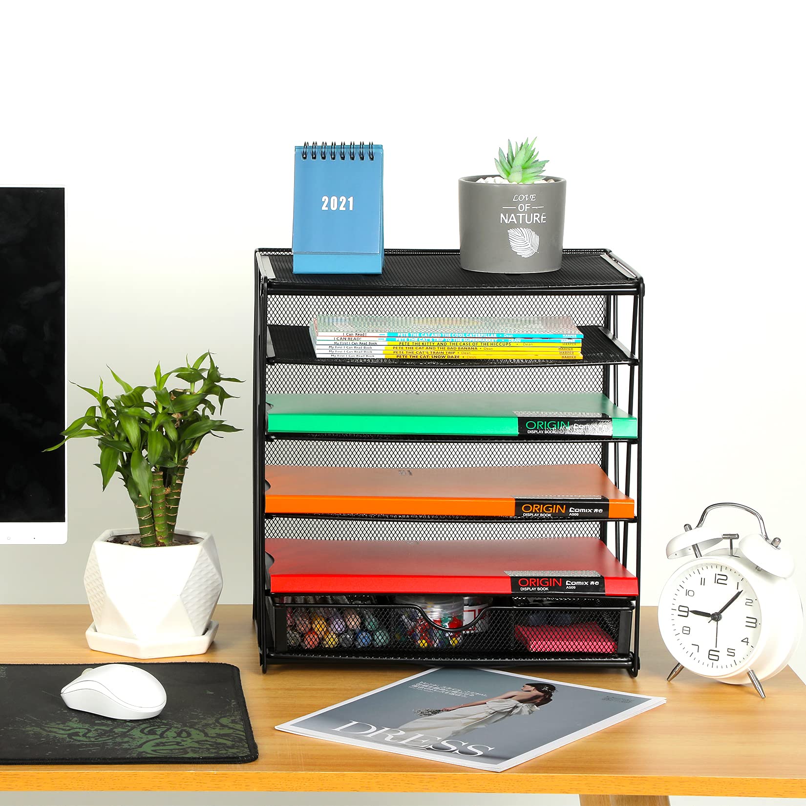 Samstar Paper Letter Tray, 5 Tier Desk File Organizer Paper Shelves Sorter Rack with Sliding Drawer and Extra Pen Holder, Black