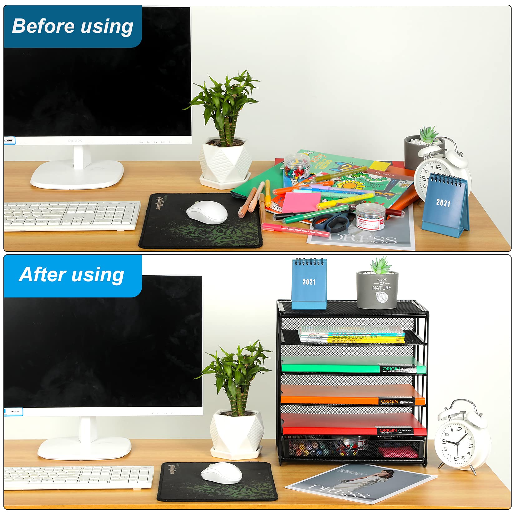 Samstar Paper Letter Tray, 5 Tier Desk File Organizer Paper Shelves Sorter Rack with Sliding Drawer and Extra Pen Holder, Black