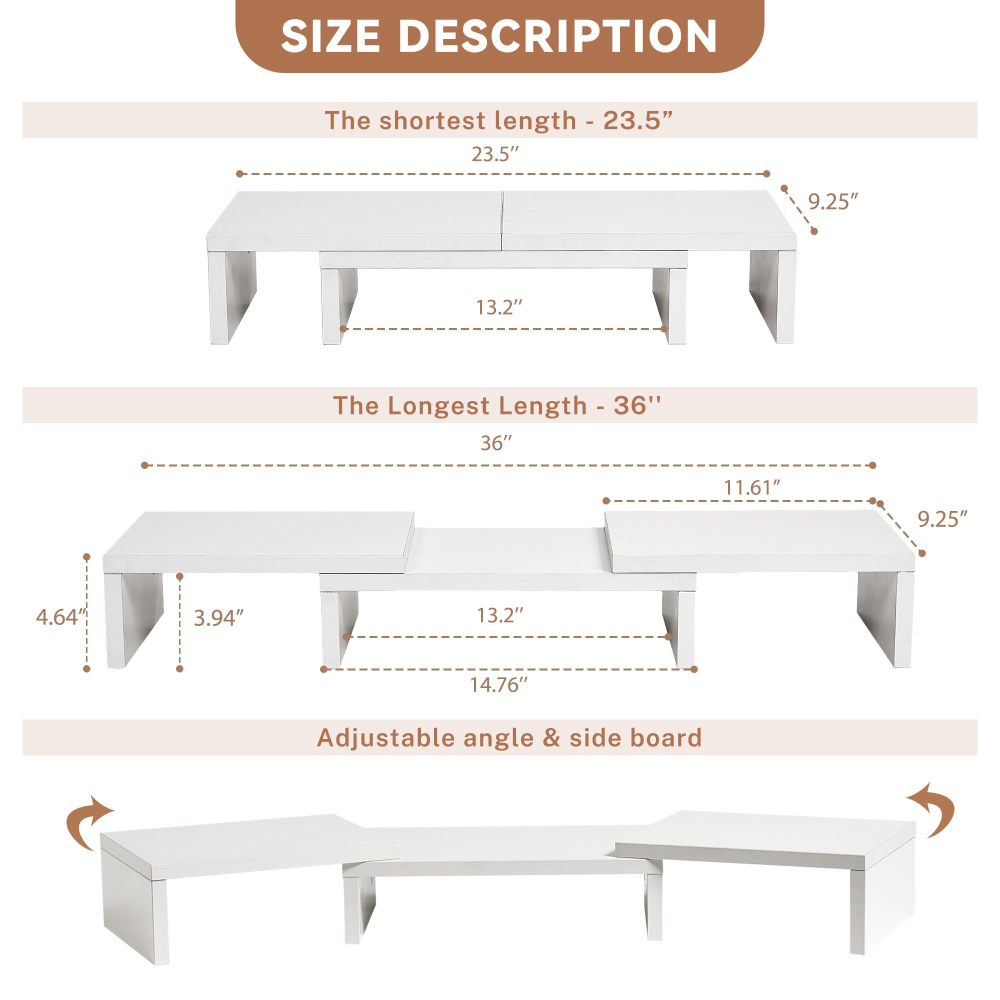 SUPERJARE Dual Monitor Stand Riser, Adjustable Length and Angle Multi Screen Stand, Desktop Stand Storage Organizer for Laptop Computer/TV/PC/Printer- White