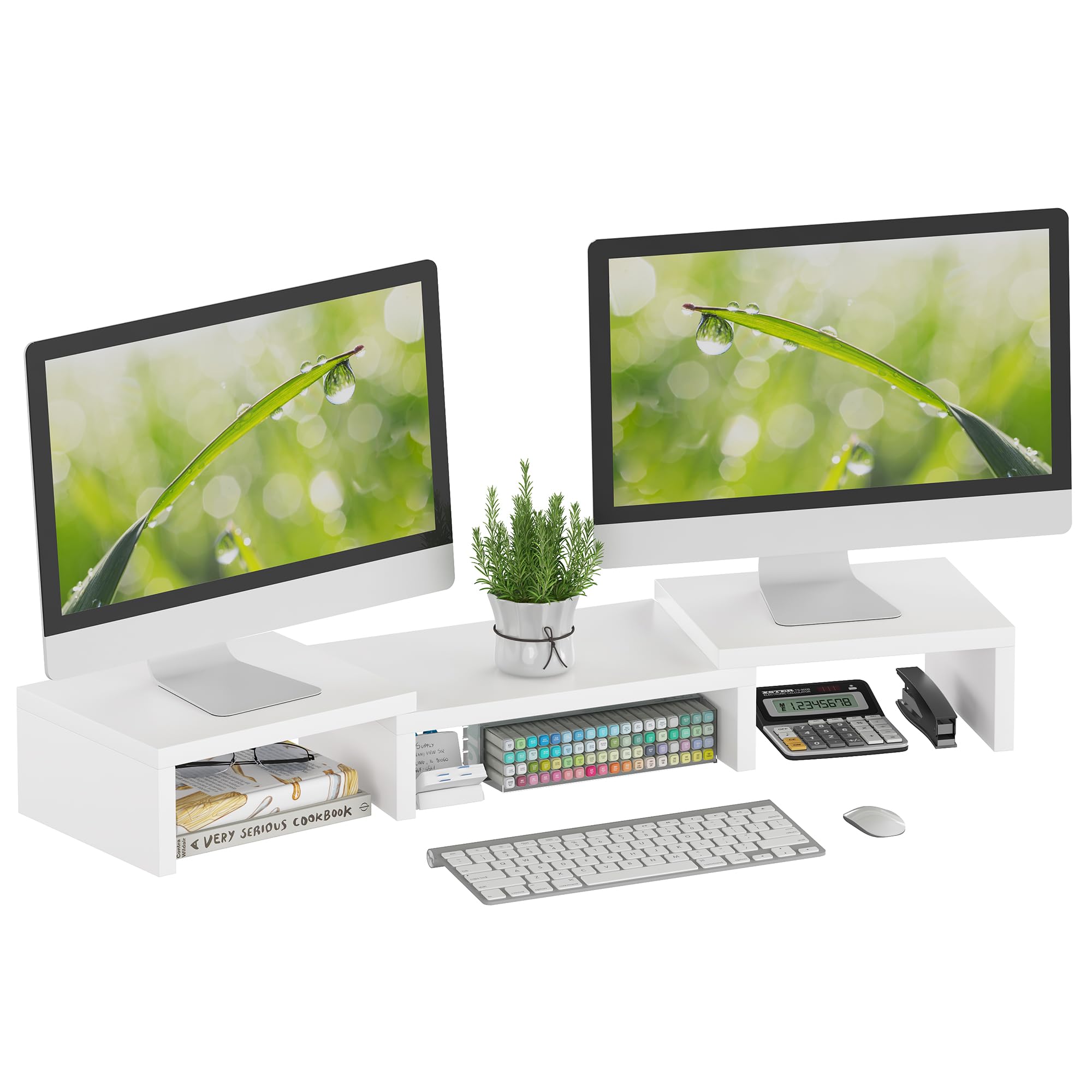 SUPERJARE Dual Monitor Stand Riser, Adjustable Length and Angle Multi Screen Stand, Desktop Stand Storage Organizer for Laptop Computer/TV/PC/Printer- White
